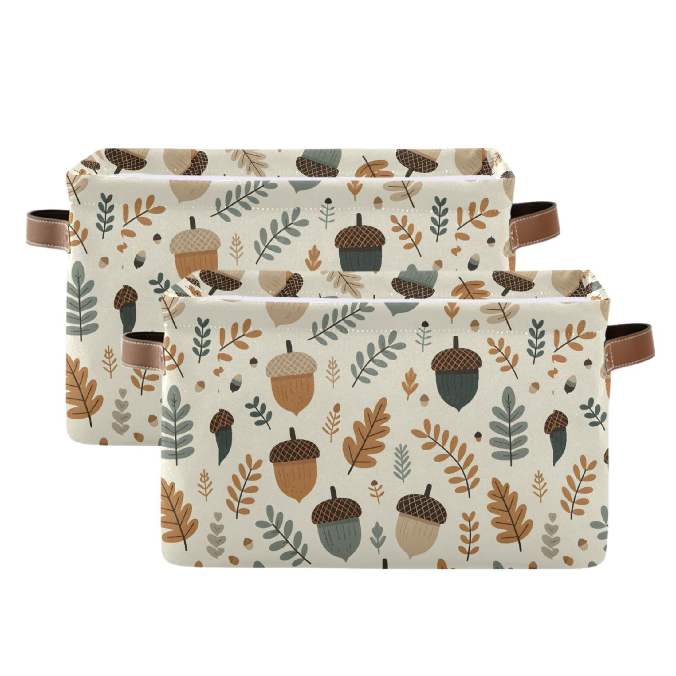 Palm Leaves and Acorn Storage Bins with Handle Fabric Organizer Basket ...