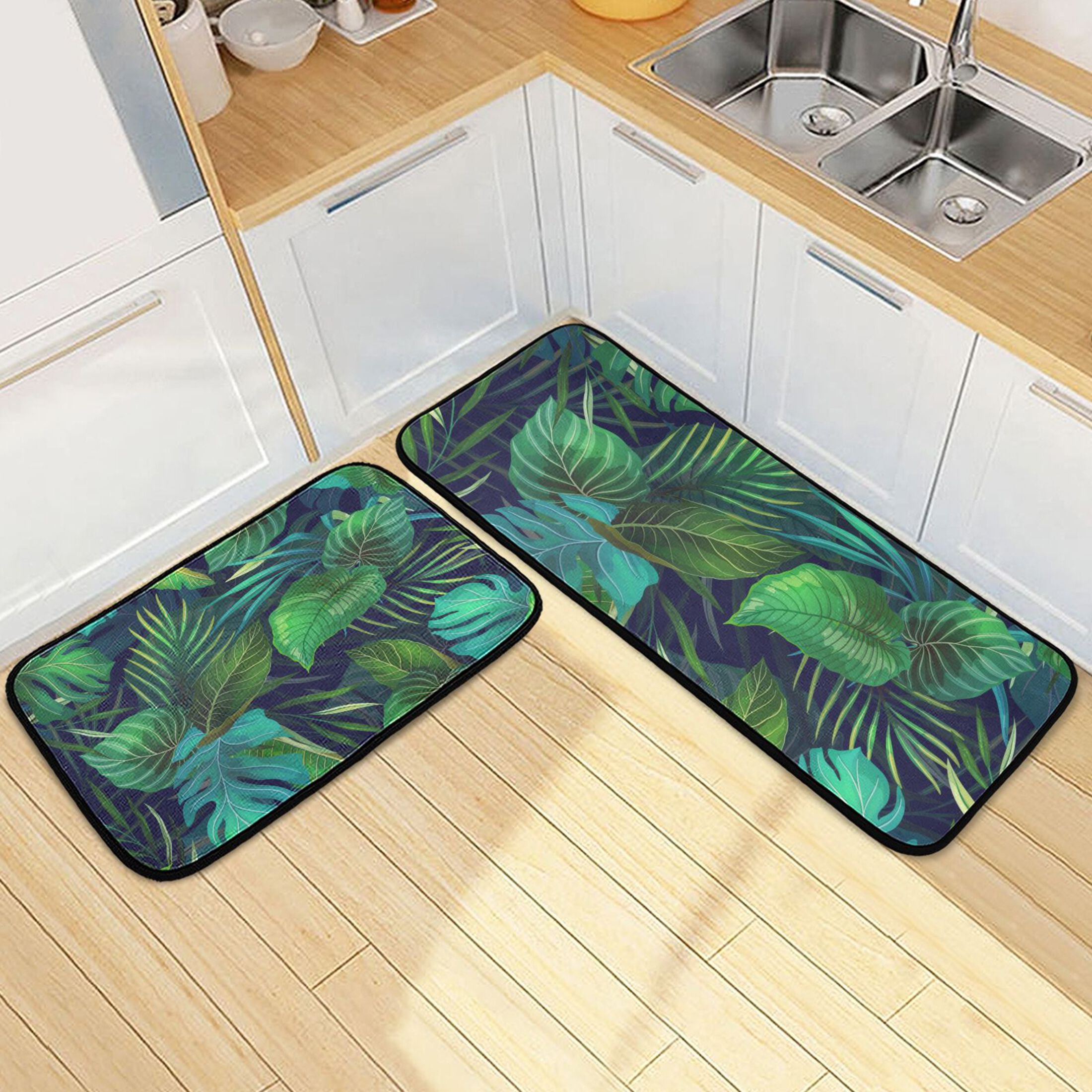 Palm Leaves with Green Kitchen Mats Set 2 Piece Non Slip Floor Foam ...
