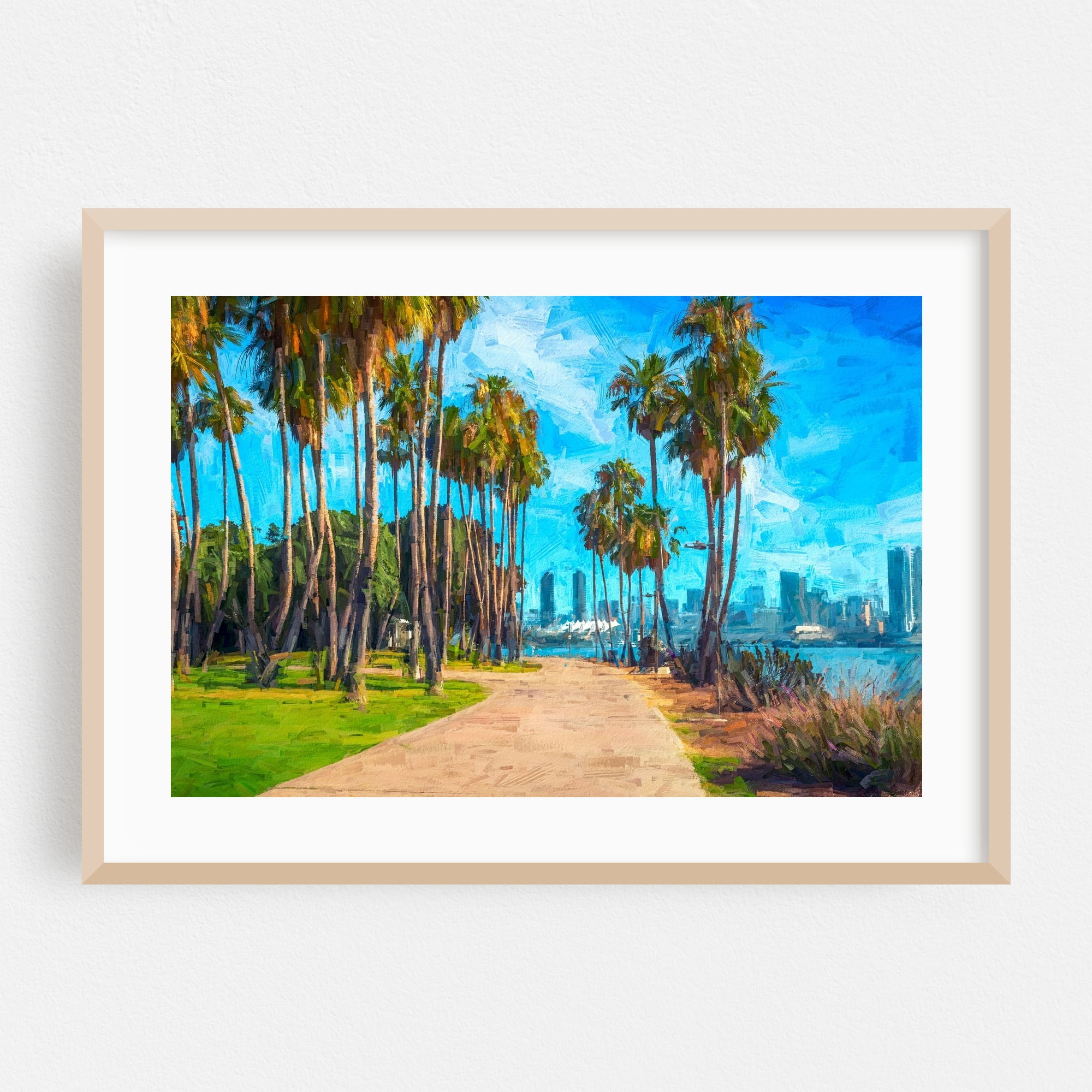 Palm Pathway - Painterly Style - Coronado California Digital Art Oak Framed Wall Art Print 16 x ...