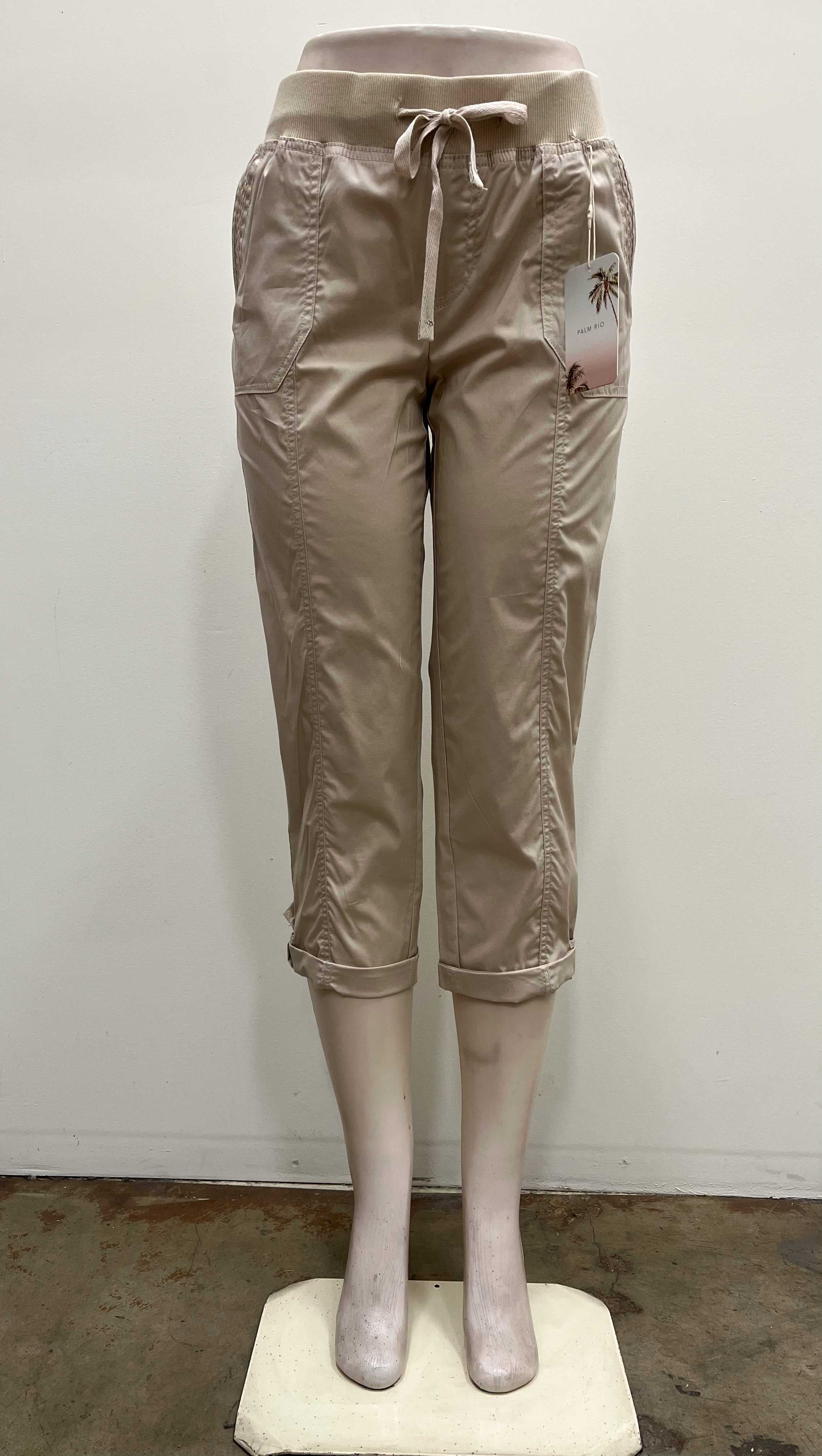 Palm Rio Womens pull on cotton front and back pockets elastic waist draw string cuffed Capri ...