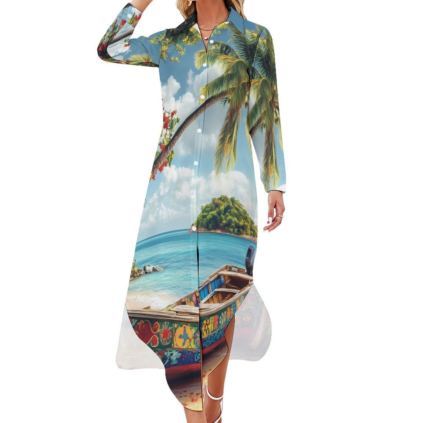 Palm Tree And Boat On The Beach Women's Maxi T Shirt Dress Long Sleeve ...