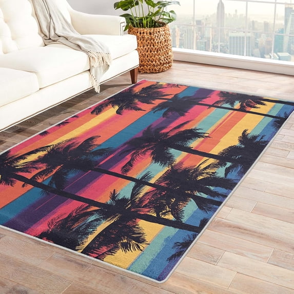 Palm Tree Area Rugs, Tropical Hawaii Sunset Pattern Carpet, Washable ...
