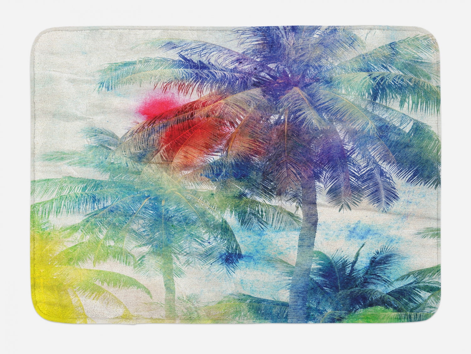 Palm Tree Bath Mat, Retro Watercolor Silhouettes of Palm Trees Stains ...