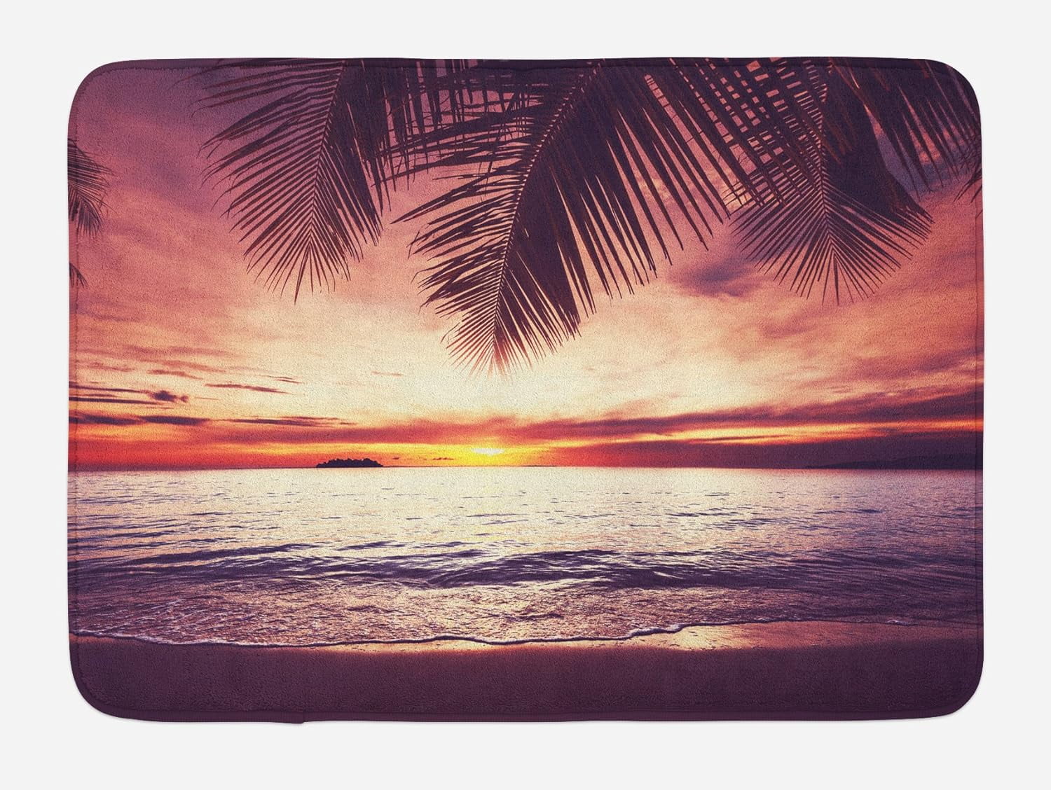 Palm Tree Bath Mat, Tropical Beach Under Shadows at Sunset Ocean Waves ...