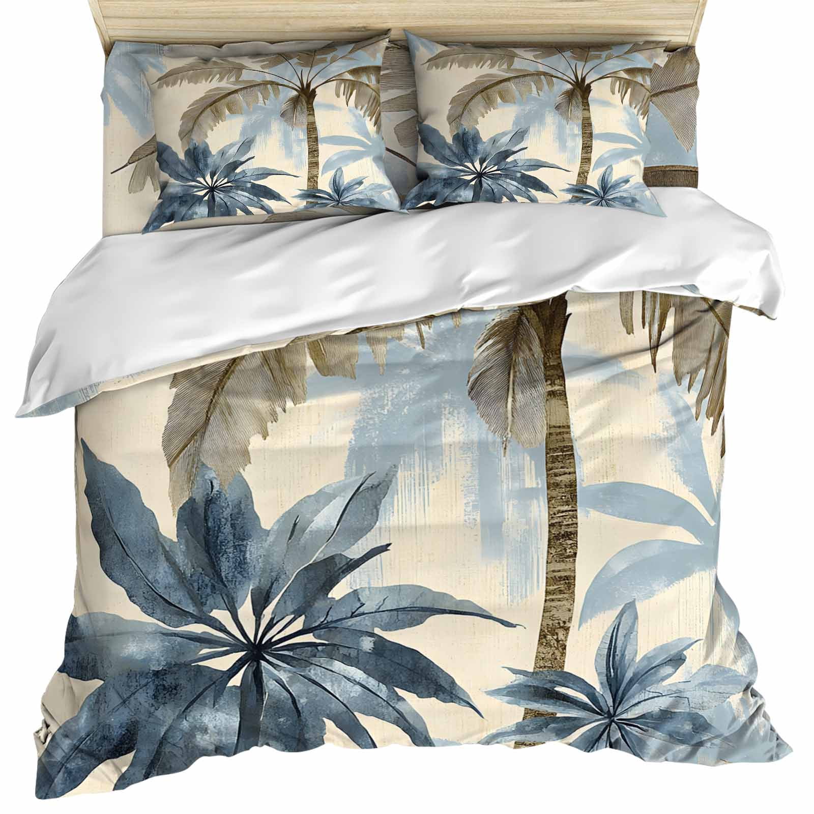 Palm Tree Beach Duvet Cover Set, Watercolor Botanical Seaside Soft ...