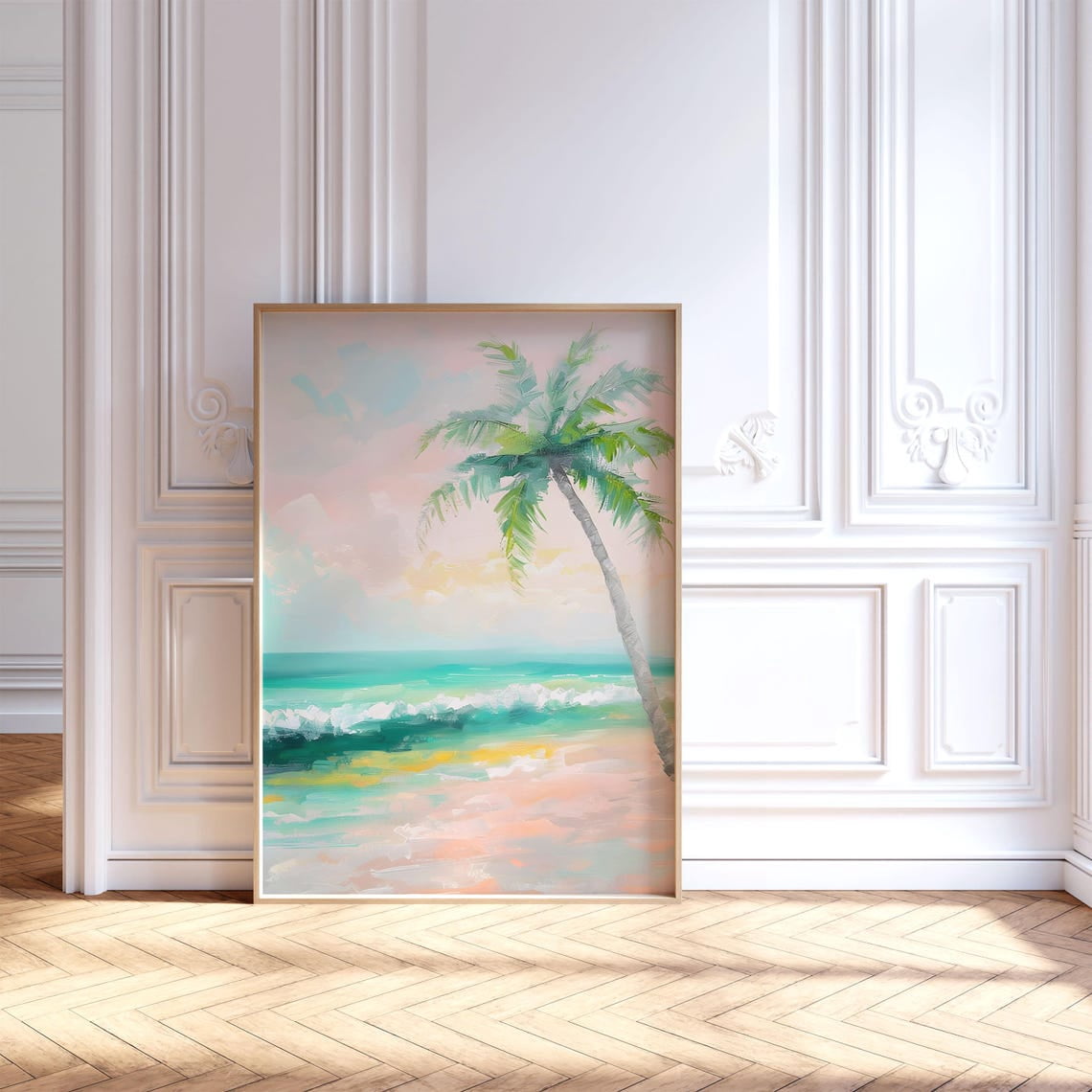Palm Tree Beachy Wall Art, Colorful Pastel Coastal Ocean Wall Art ...