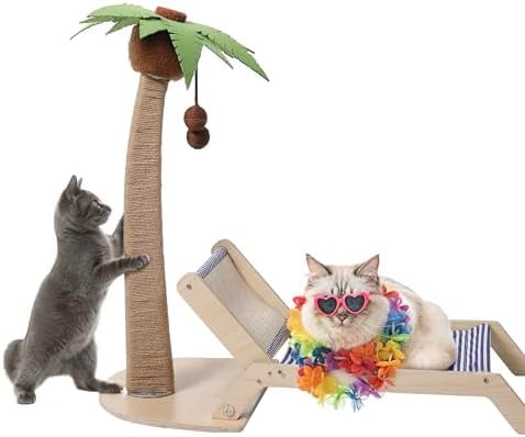 Palm Tree Cat Scratching Post with Bed, Cat Tree with Bed - Wooden ...
