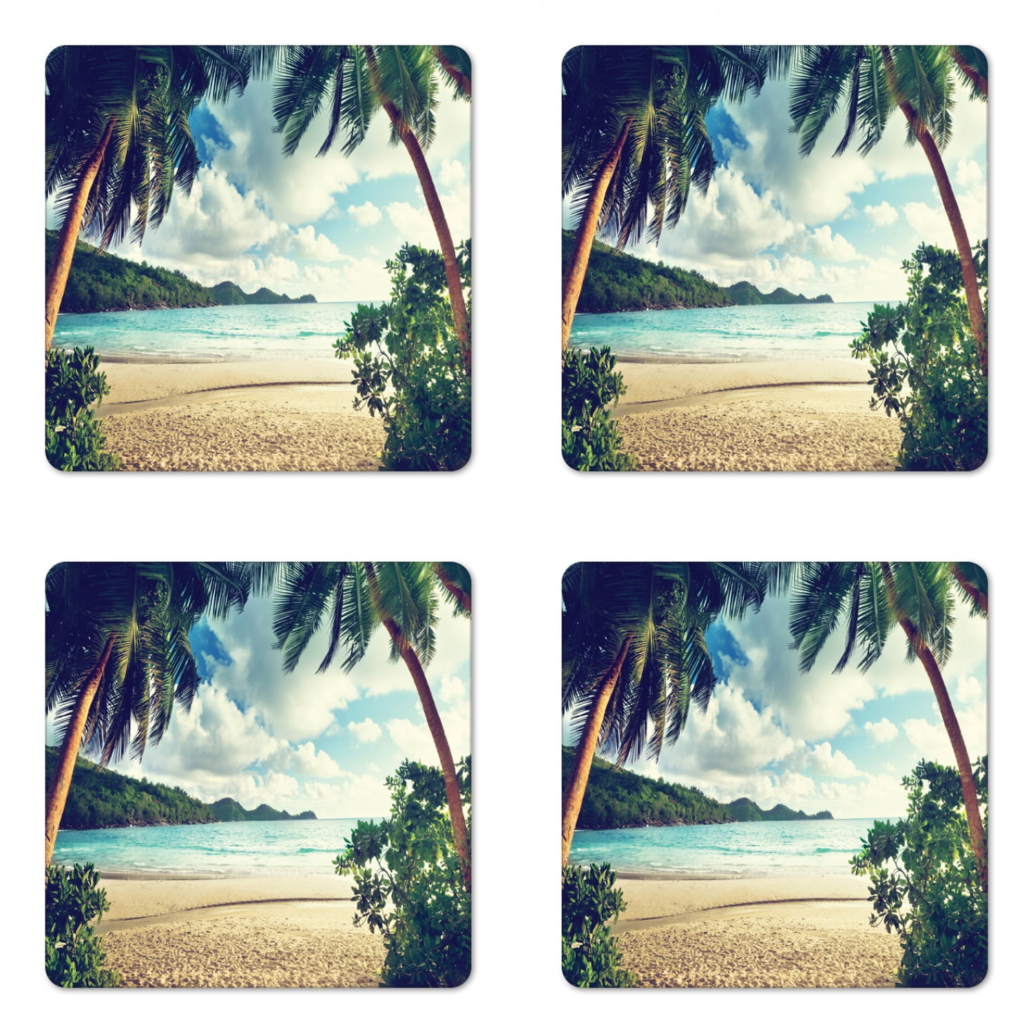 Palm Tree Coaster Set of 4, Summer Beach Vintage Style Tropical Sunset ...