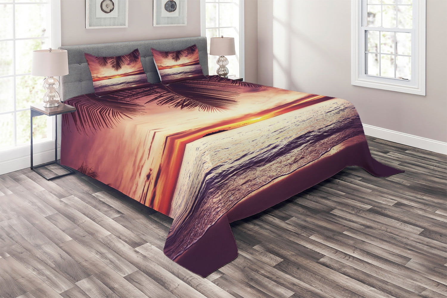 Palm Tree Coverlet, Tropical Beach Under Shadows at Sunset Ocean Waves ...