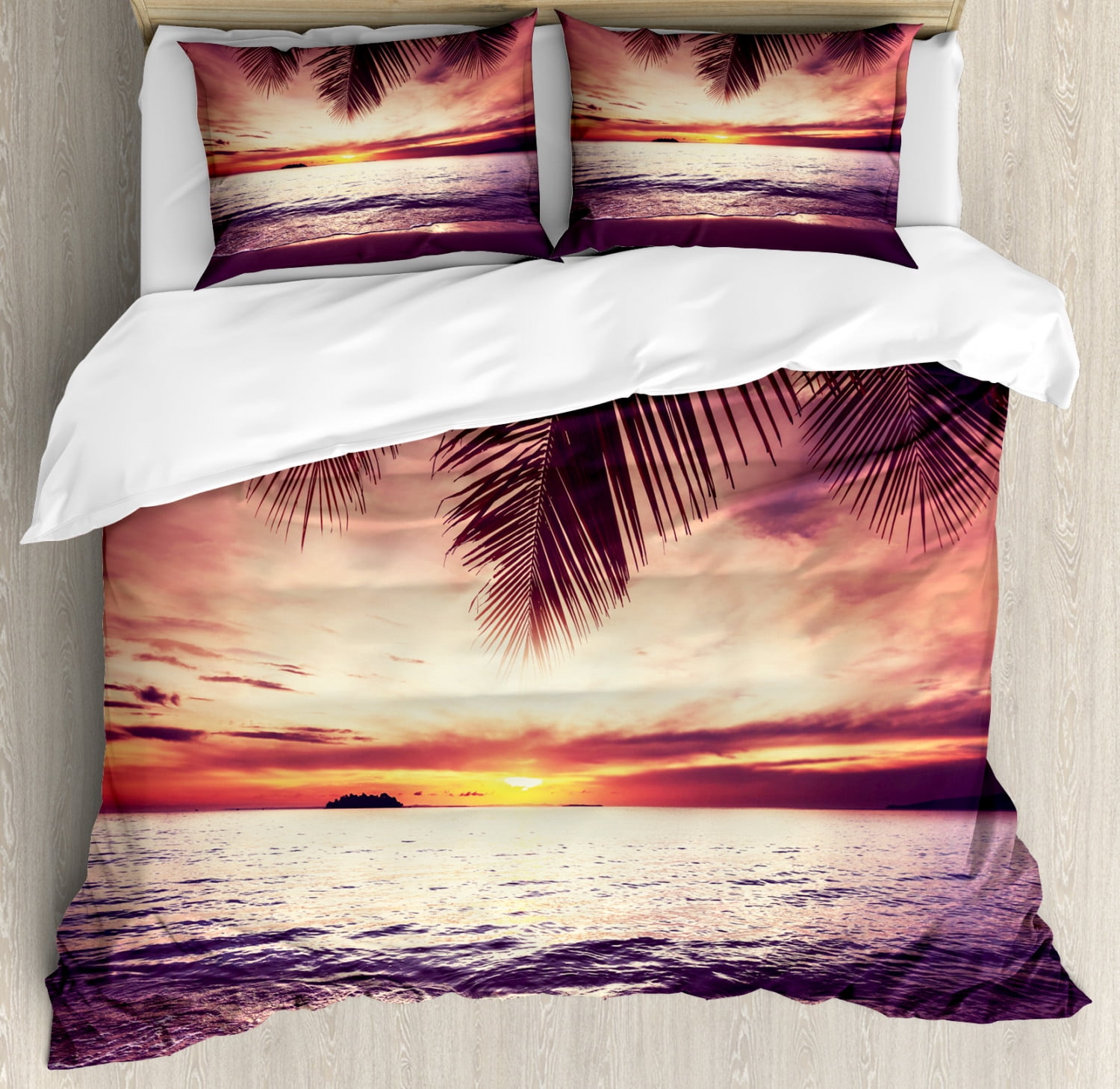 Palm Tree Duvet Cover Set Queen Size, Tropical Beach under Shadows at ...