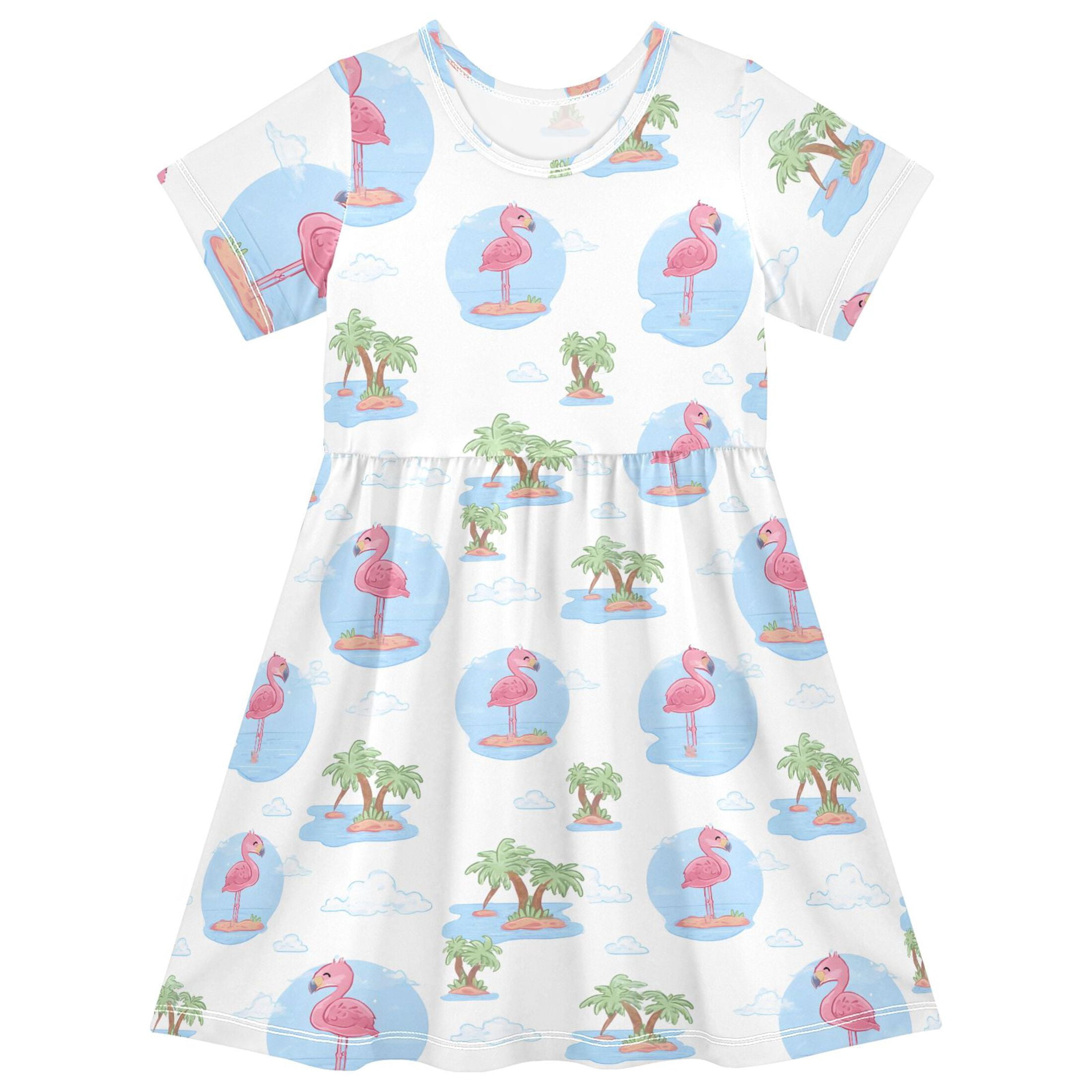 Palm Tree Flamingo Short Sleeve Dress A-Line Cute Midi Casual Sundress ...