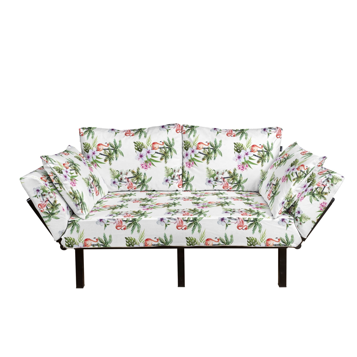 Palm Tree Futon Couch, Tropical Island Inspired Pattern with Flamingo ...