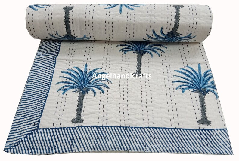 Palm Tree Hand Block Print Kantha Quilt Cotton Bedspread Handmade ...