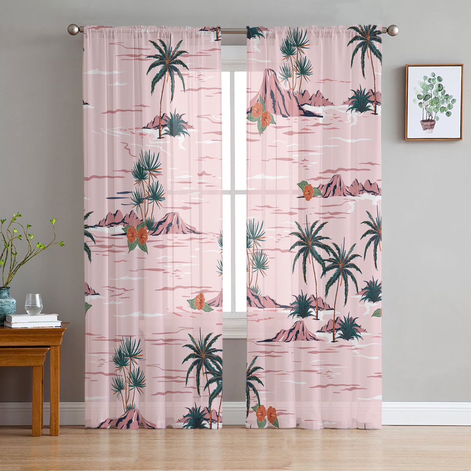 Palm Tree Island Flower Pink Tulle Curtains for Living Room Bedroom ...