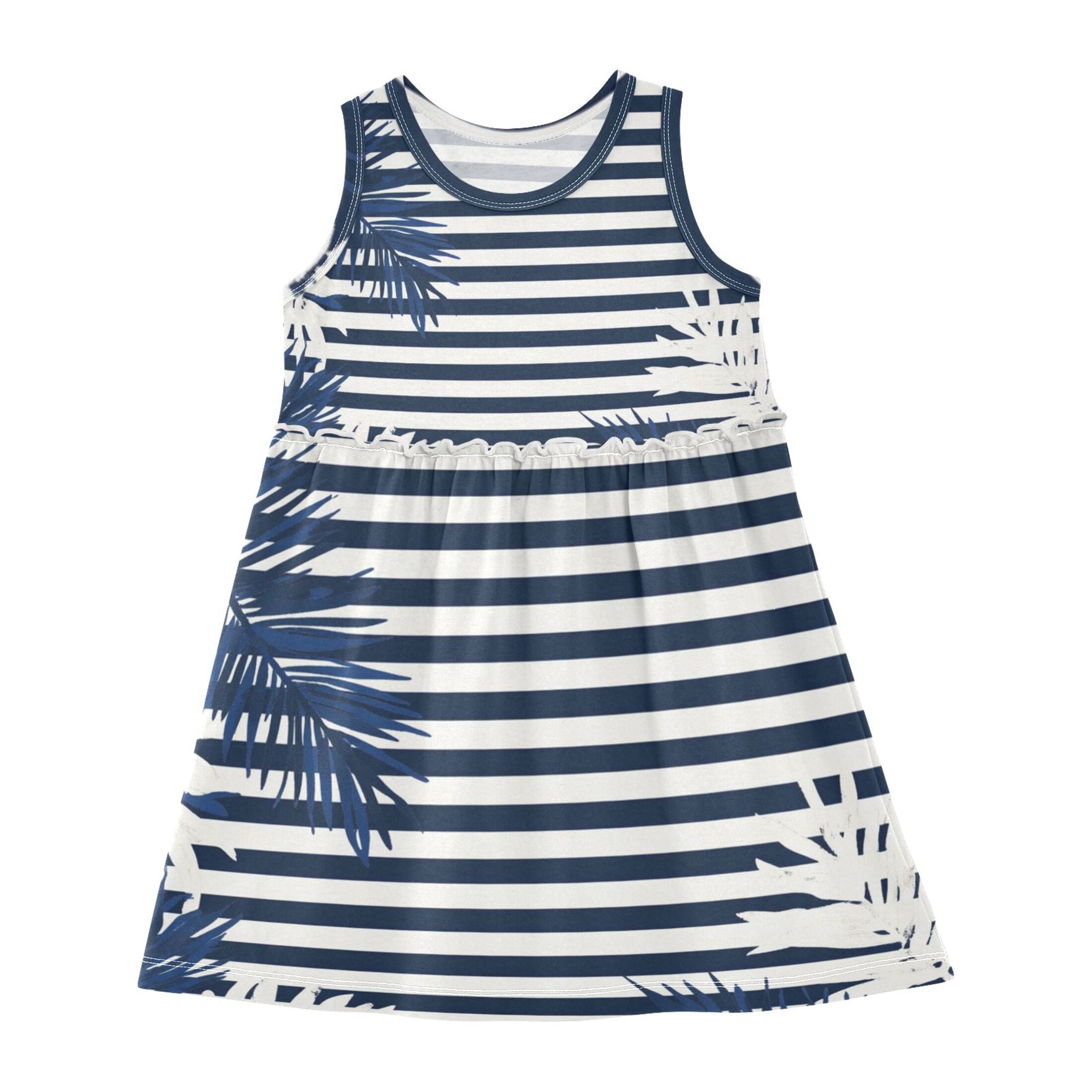 Palm Tree Leaves Navy Blue Narrow Stripes Girls' Sleeveless Dress A ...