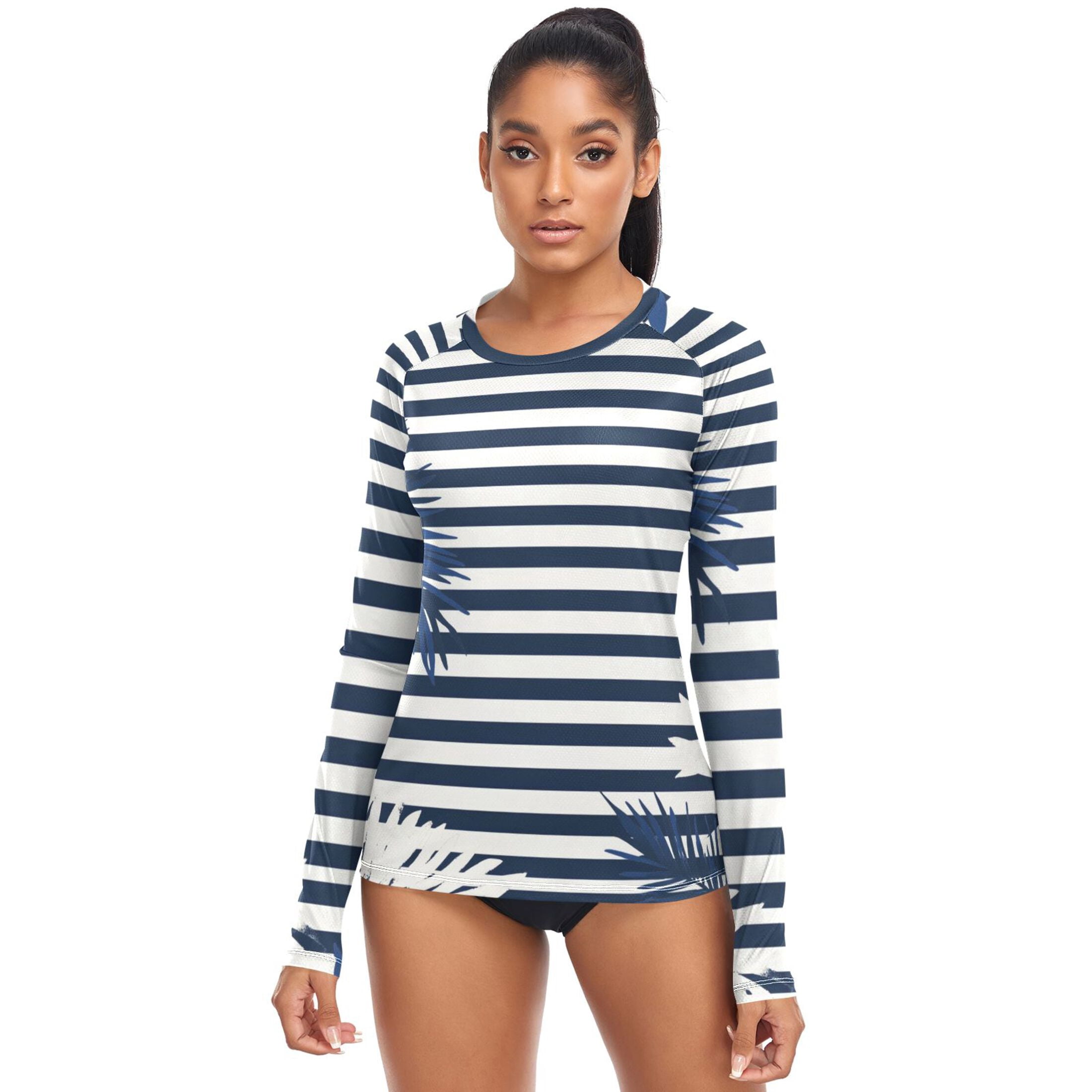 Palm Tree Leaves Navy Blue Narrow Stripes Women's Rash Guard Shirts UPF ...