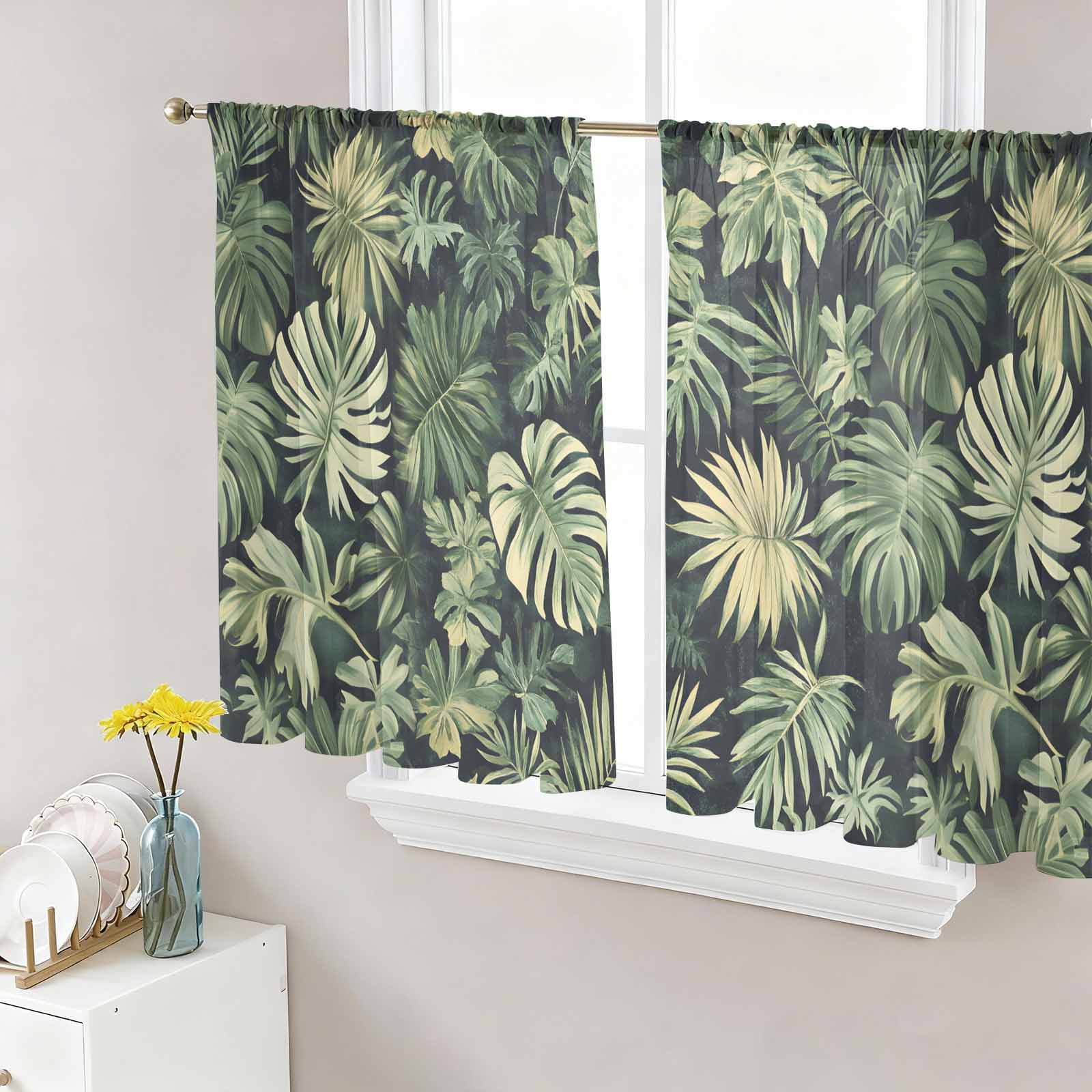 Palm Tree Leaves Semi Sheer Window Curtains 45 Inches Long, Summer ...