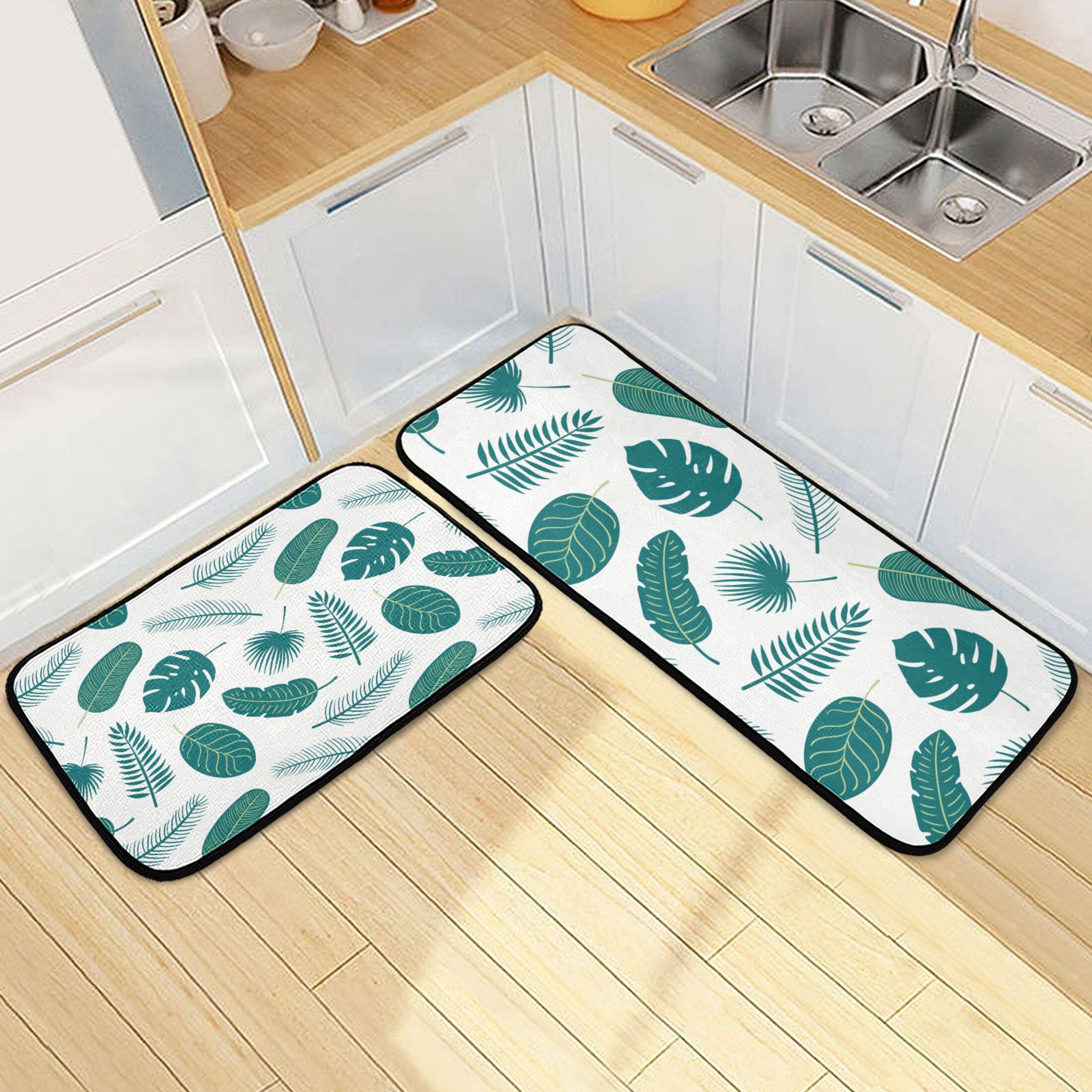 Palm Tree Leaves Tropical Kitchen Rugs Set of 2 Non Slip Floor Foam Mat ...