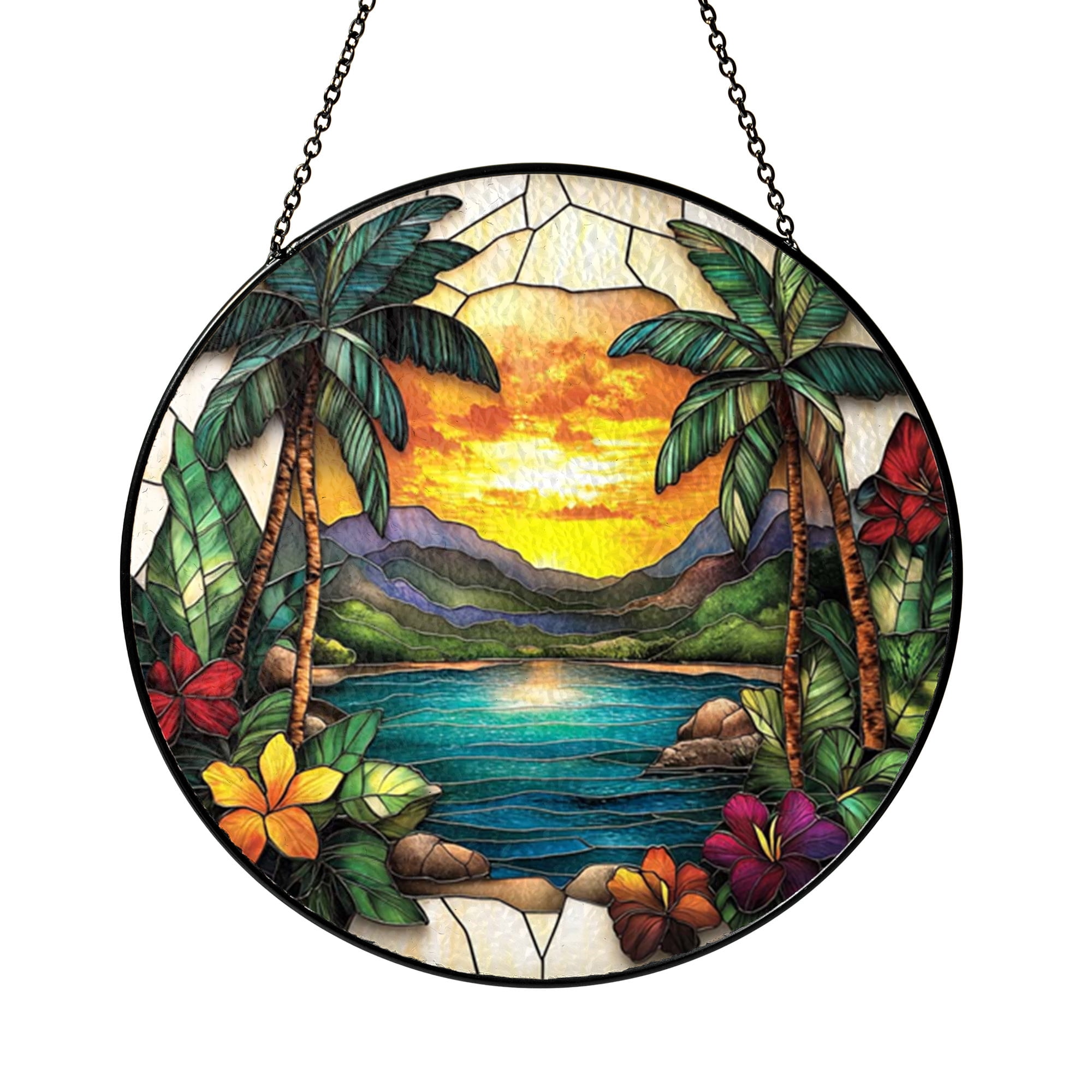 Palm Tree Nature Scene Round Suncatcher – Stained Glass Style Window ...