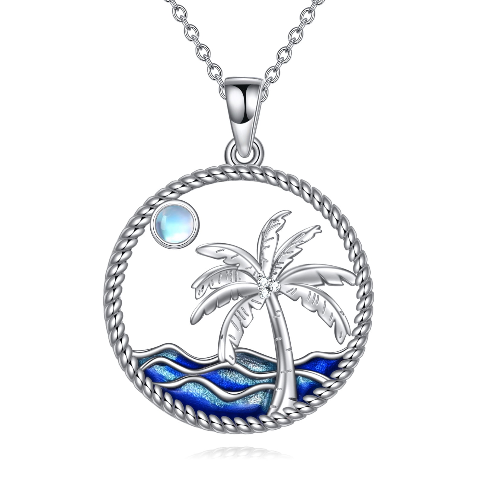 Palm Tree Necklace Sterling Silver Moonstone Ocean Wave Beach Pendant ...