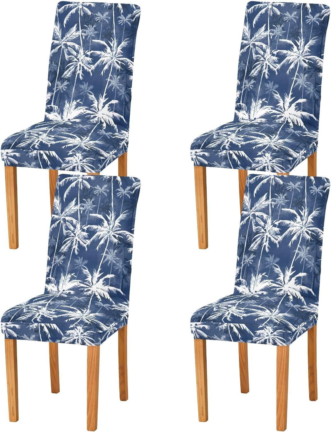 Palm Tree Pattern Blue Dining Chair Covers Set of 4, Stretch Kitchen ...