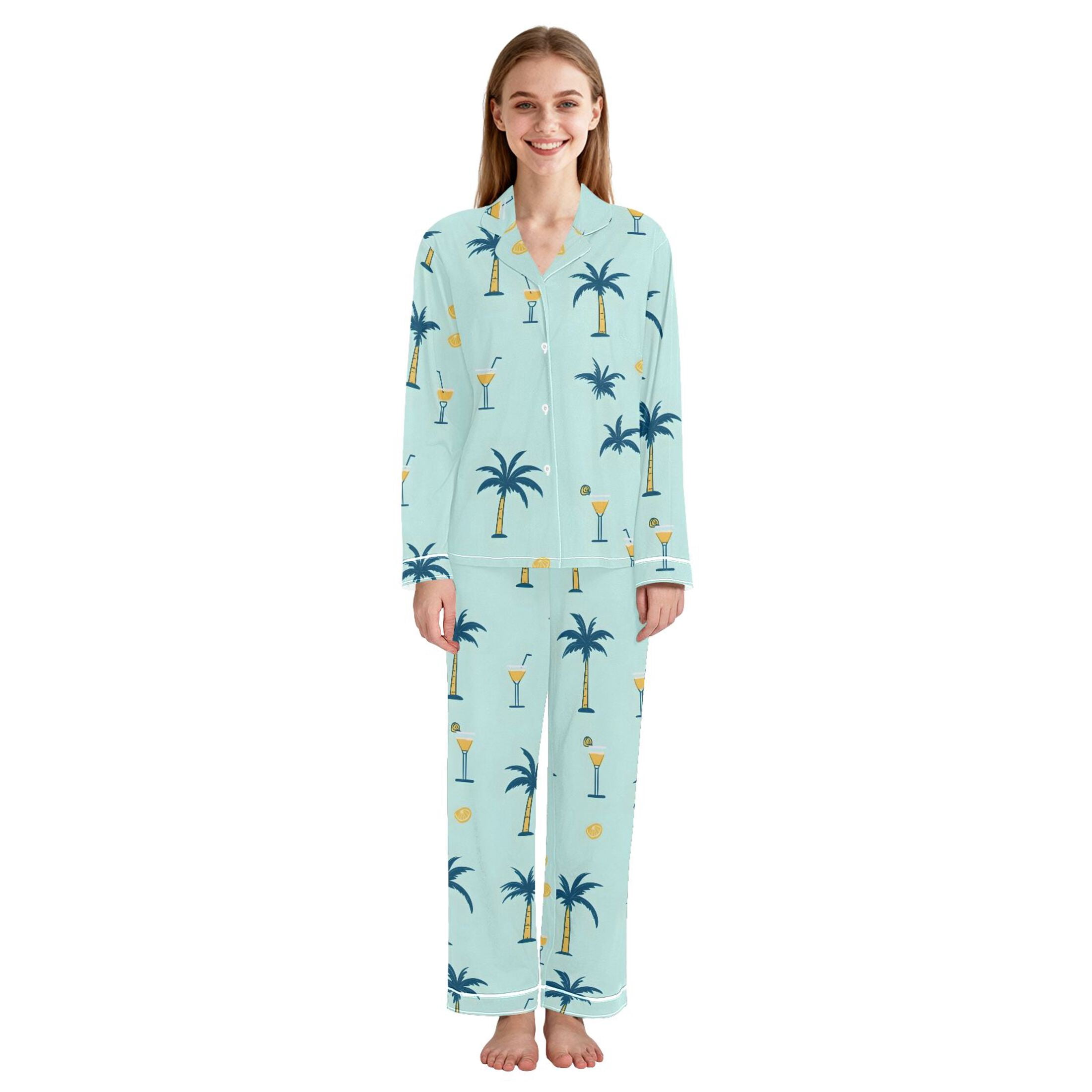 Palm Tree Pattern Women Pajama Set Soft Notch Collar Button Down Long ...