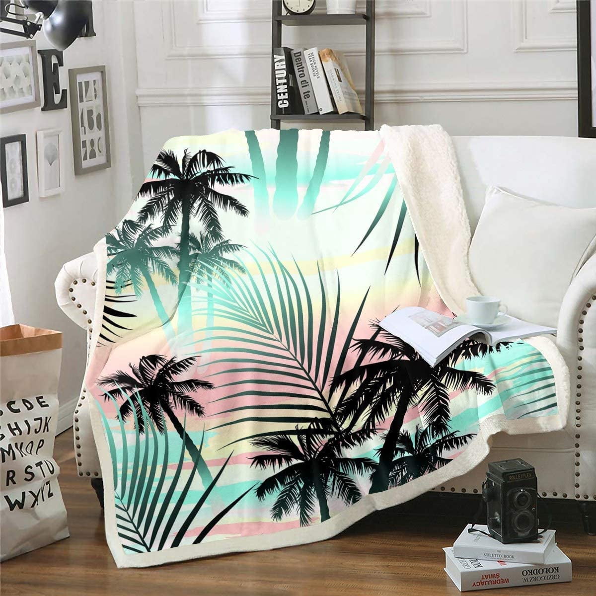 Palm Tree Print Sherpa Blanket Hawaiian Tropical Island Fleece Throw ...