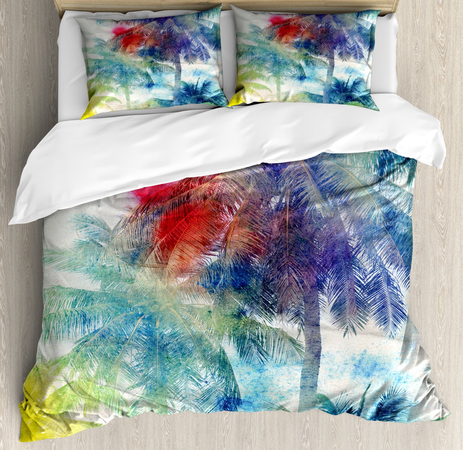 Palm Tree Queen Size Duvet Cover Set, Retro Watercolor Silhouettes of ...