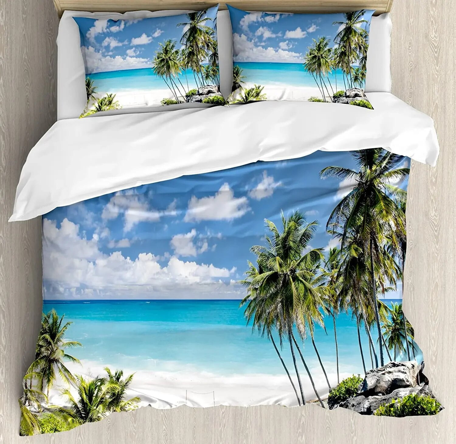 Palm Tree Sea Beach Blue Sky White Clouds 3pcs Bedding Set For Double ...