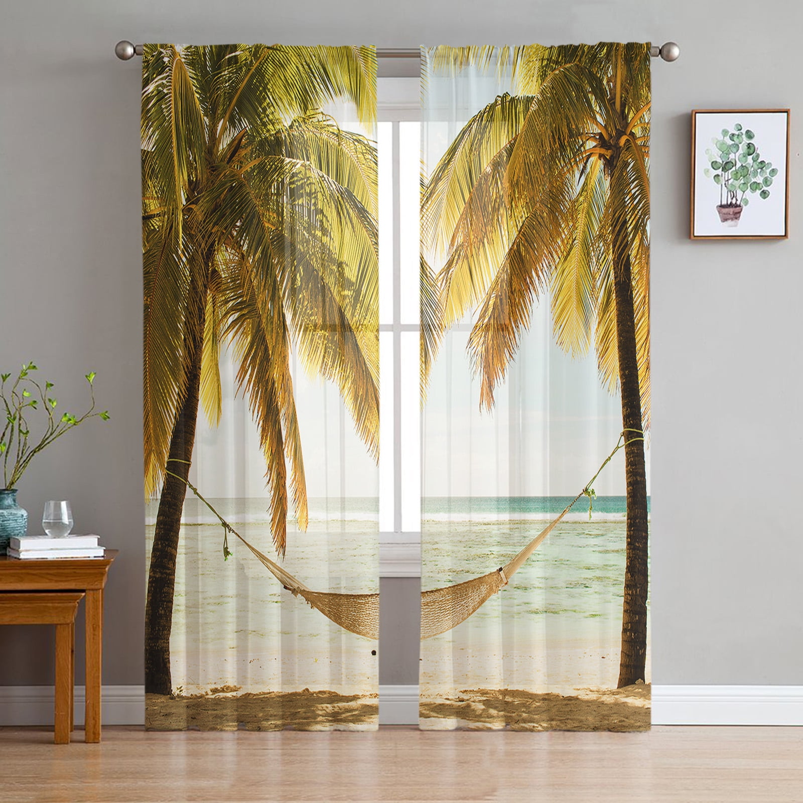 Palm Tree Sea Beach Blue Sky White Clouds Chiffon Sheer Curtains for ...