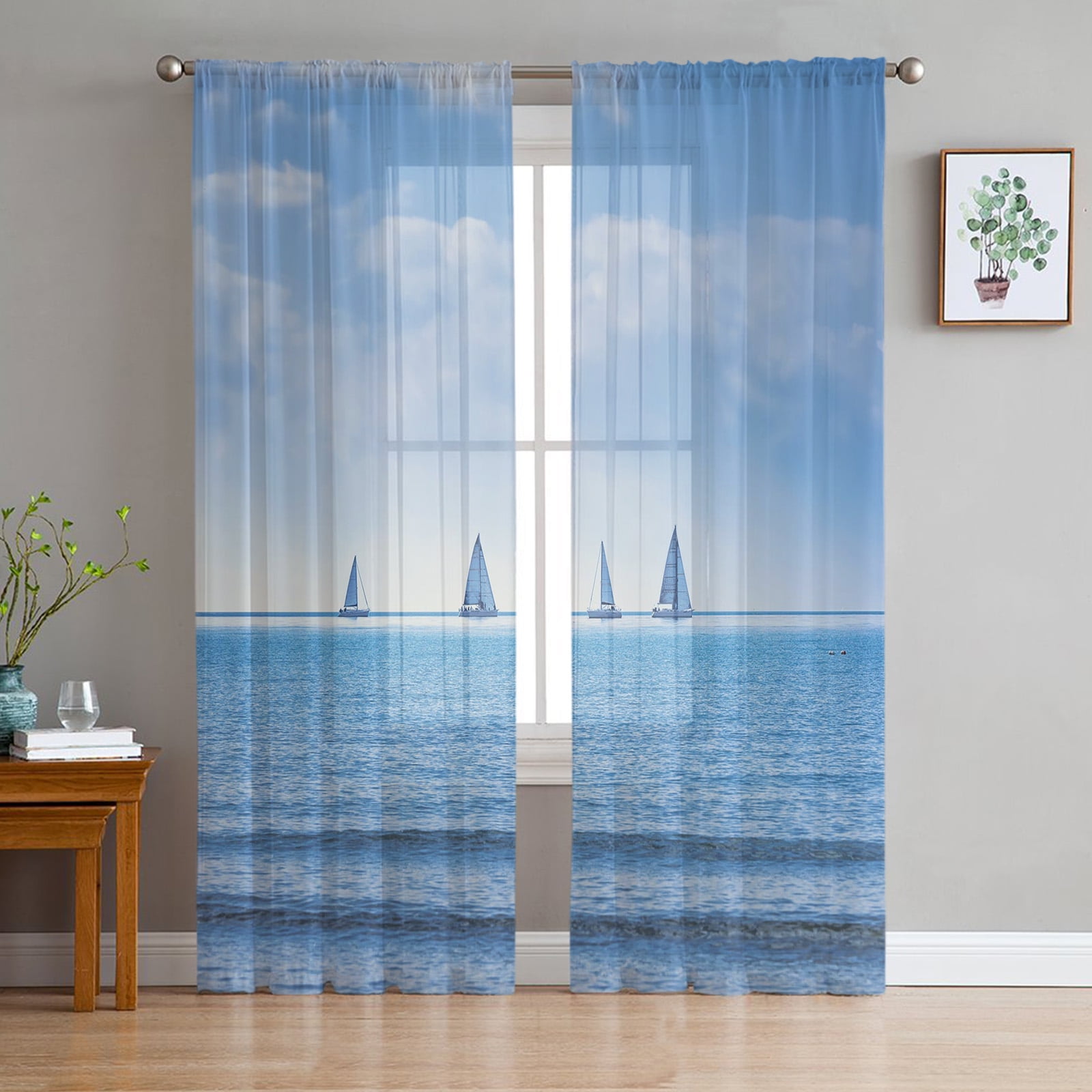 Palm Tree Sea Beach Blue Sky White Clouds Chiffon Sheer Curtains for ...