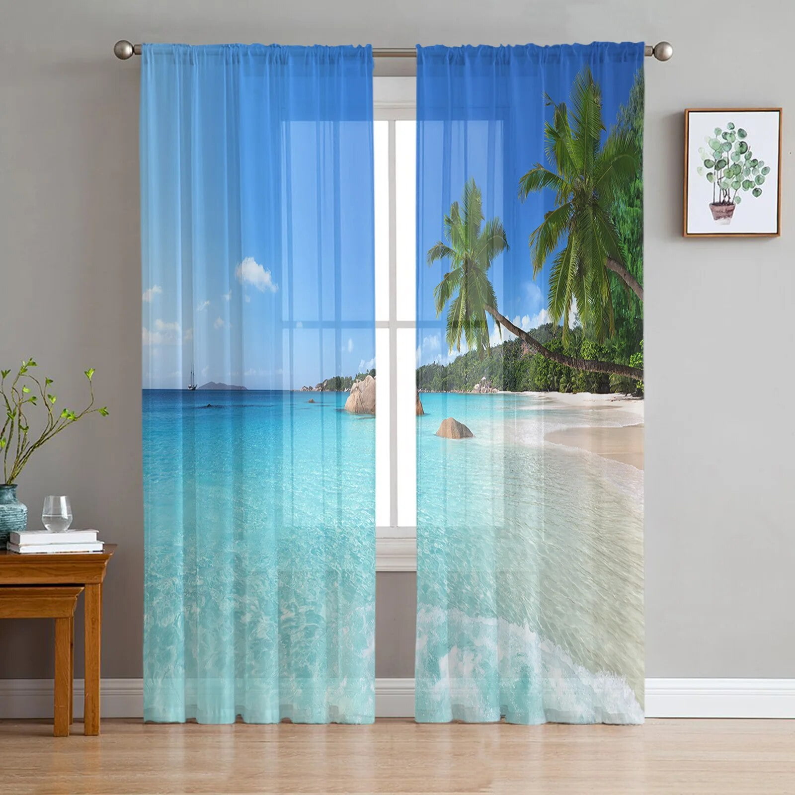 Palm Tree Sea Beach Blue Sky White Clouds Tulle Sheer Curtains for ...
