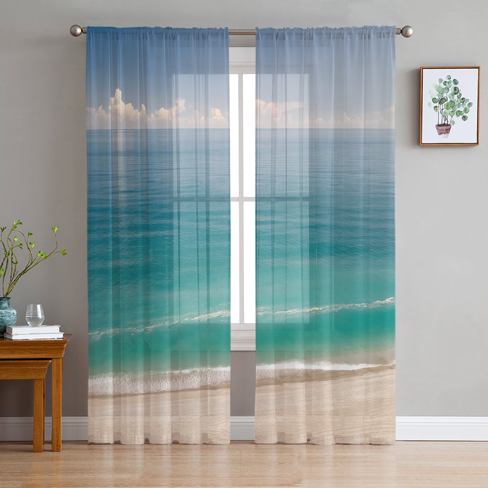 Palm Tree Sea Beach Blue Sky White Clouds Tulle Sheer Curtains for ...