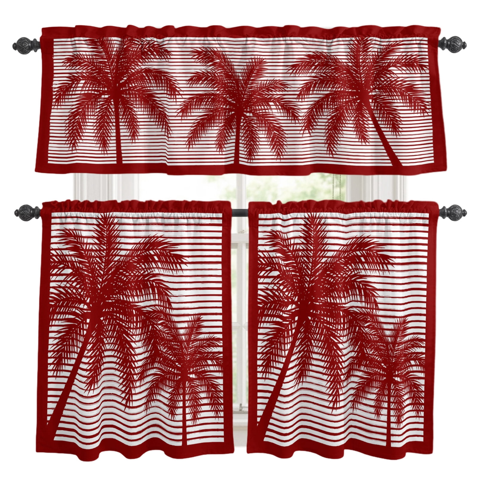 Palm Tree Silhouettes Kitchen Curtains Set for Windows, Red Lines ...