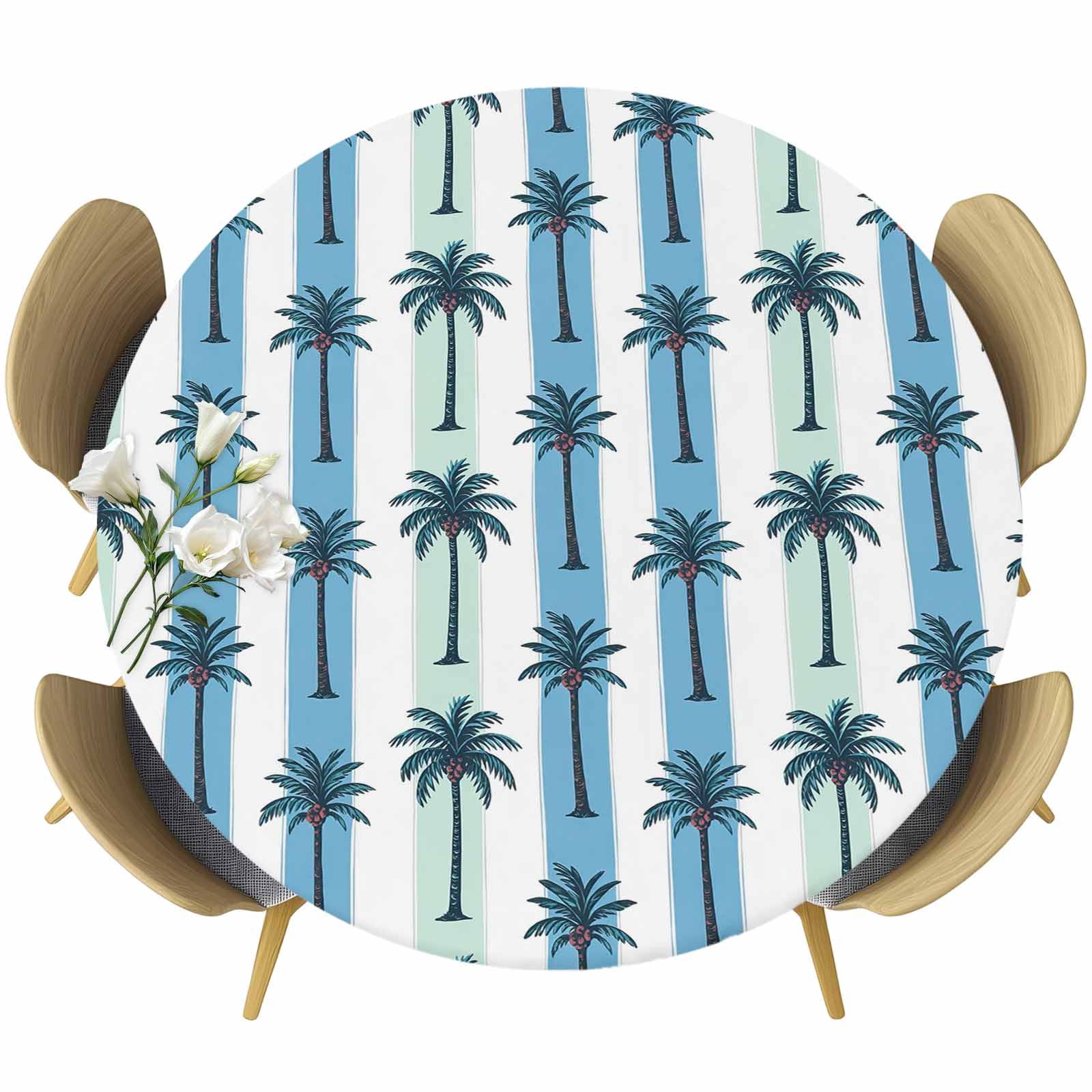 Palm Tree Striped Round Tablecloth 45-54 Inch Round Fitted Table Cloth ...
