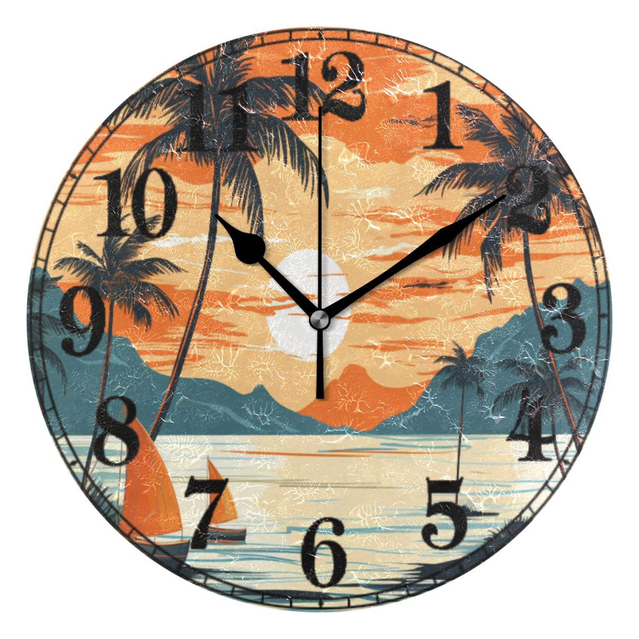 Palm Tree Sunset Landscape 10" Silent Wall Clock Non-Ticking Battery ...