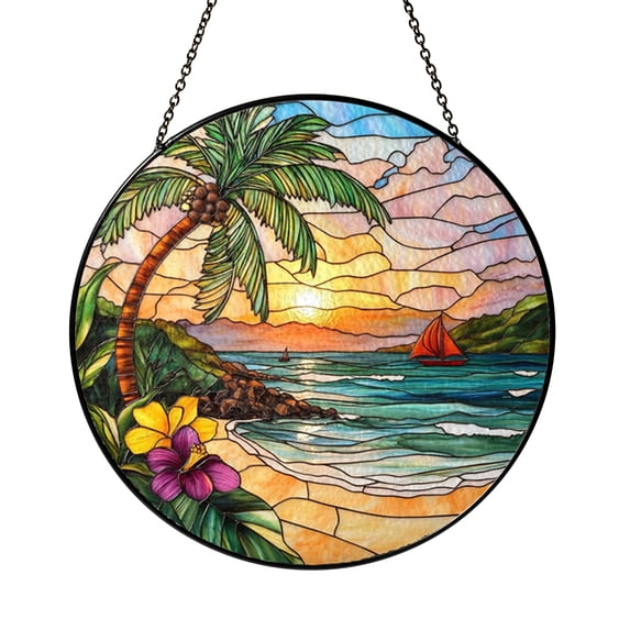 Palm Tree Tropical Beach Stained Glass Inspired Suncatcher, Coastal ...