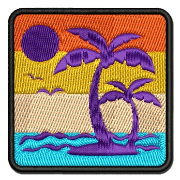 Beach Sunset Scene Tropical Ocean Applique Multi-Color Embroidered Iron ...