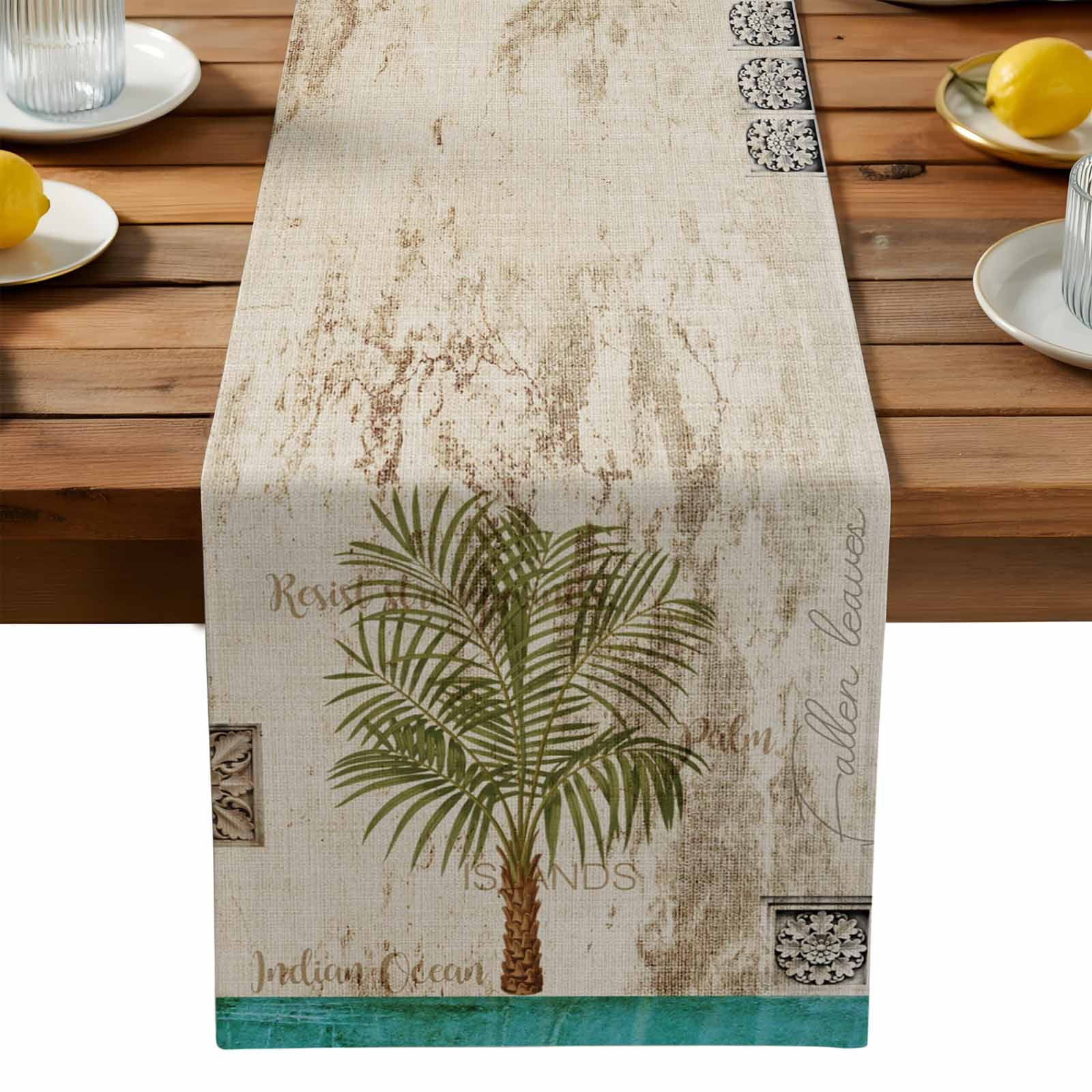 Palm Tree Tropical Plant Stone Flower Table Runner-72 Inch Long Vintage ...