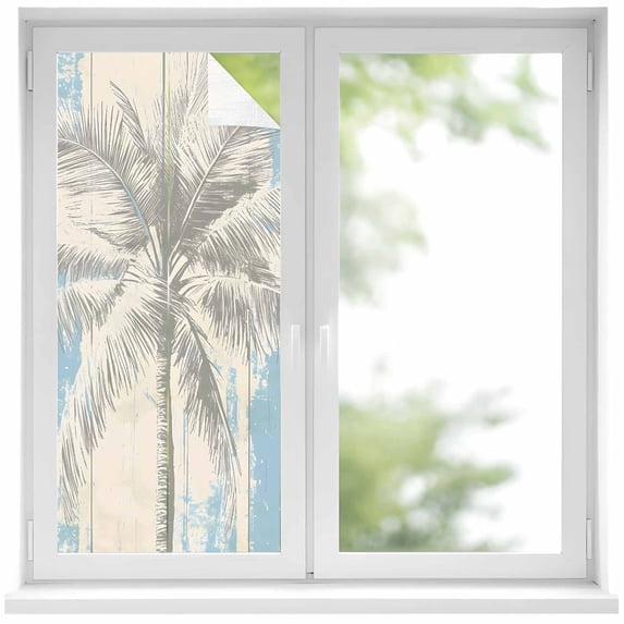 Palm Tree Window Privacy Film, Blue Tropical Plant Summer Retro Wood ...