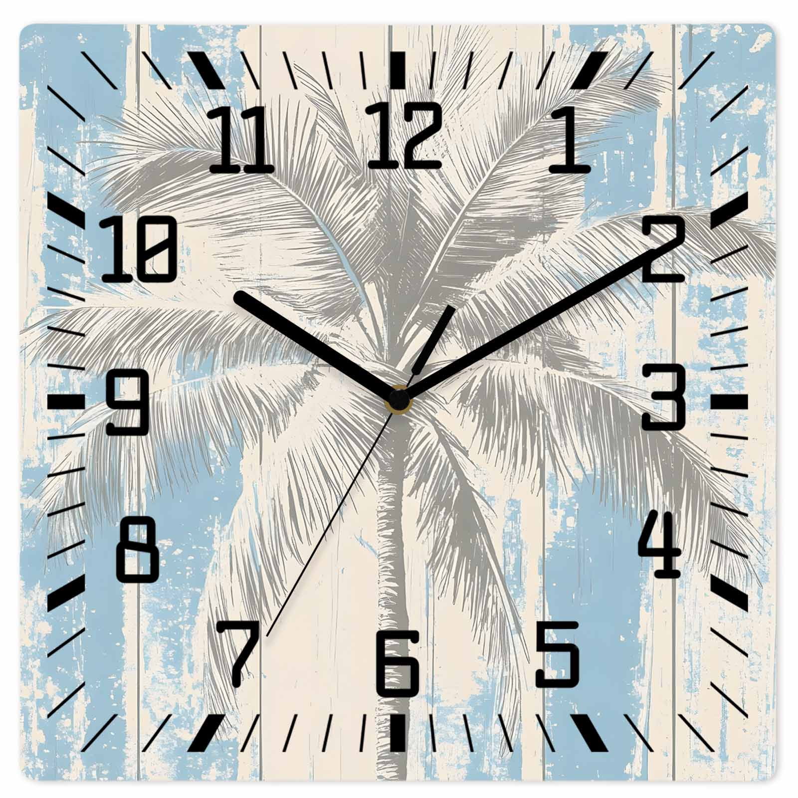 Palm Tree Wooden Wall Clock Silent Non Ticking, Blue Tropical Plant ...