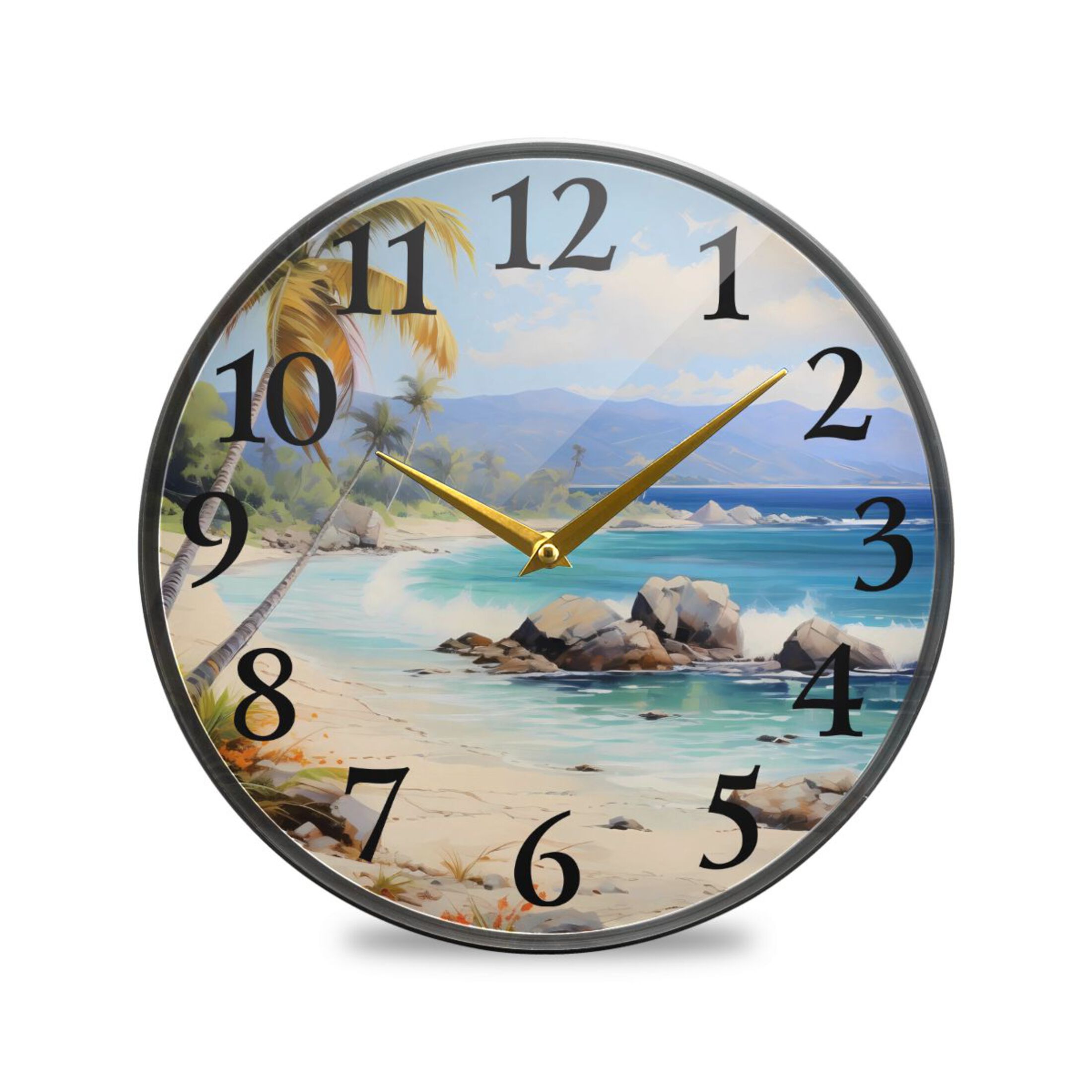 Palm Tree on Beach Wall Clocks Battery Operated 9.5 Inch Round Clock ...