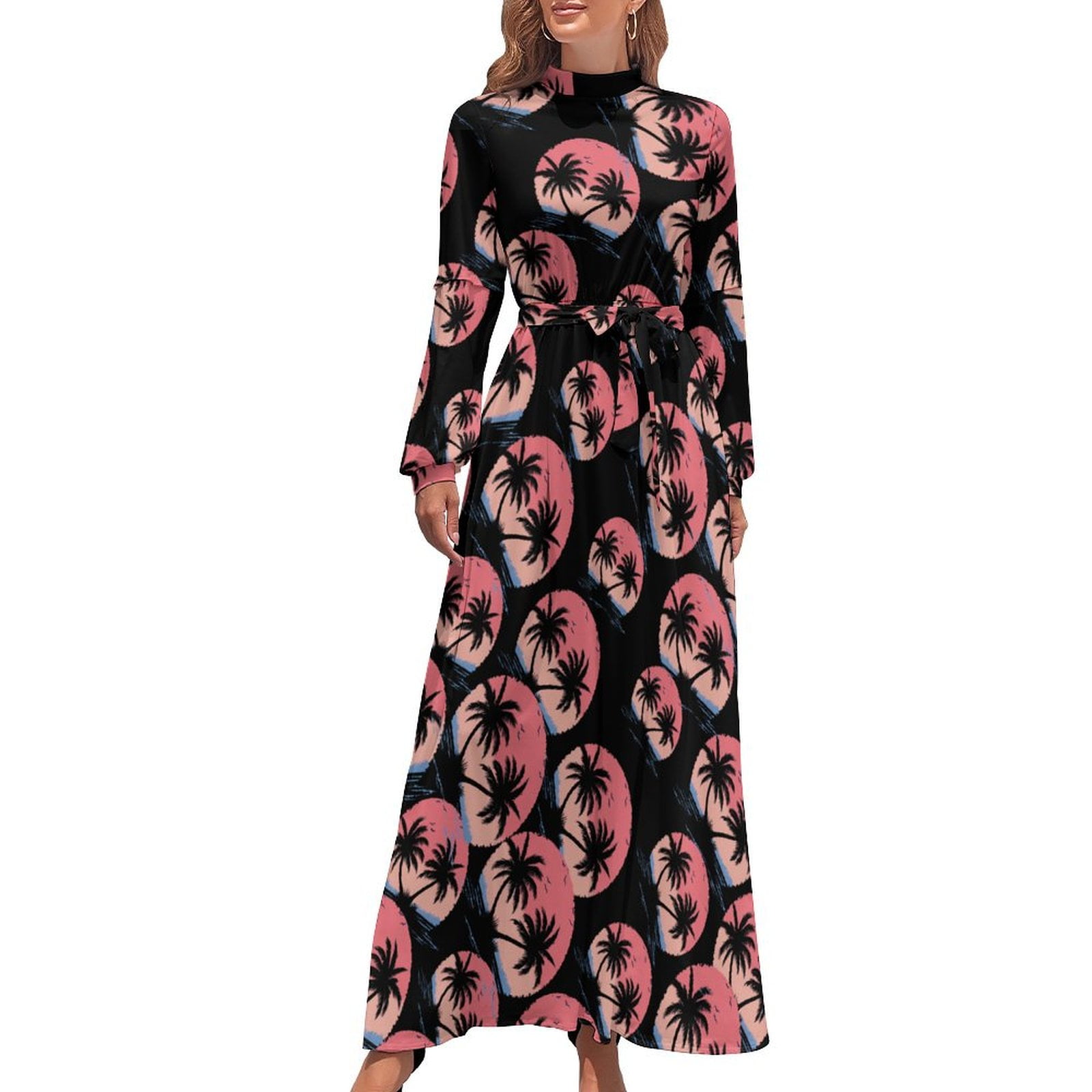 Palm Trees And Sunrise Women's Fall Maxi Dress Long Sleeve Turtleneck ...