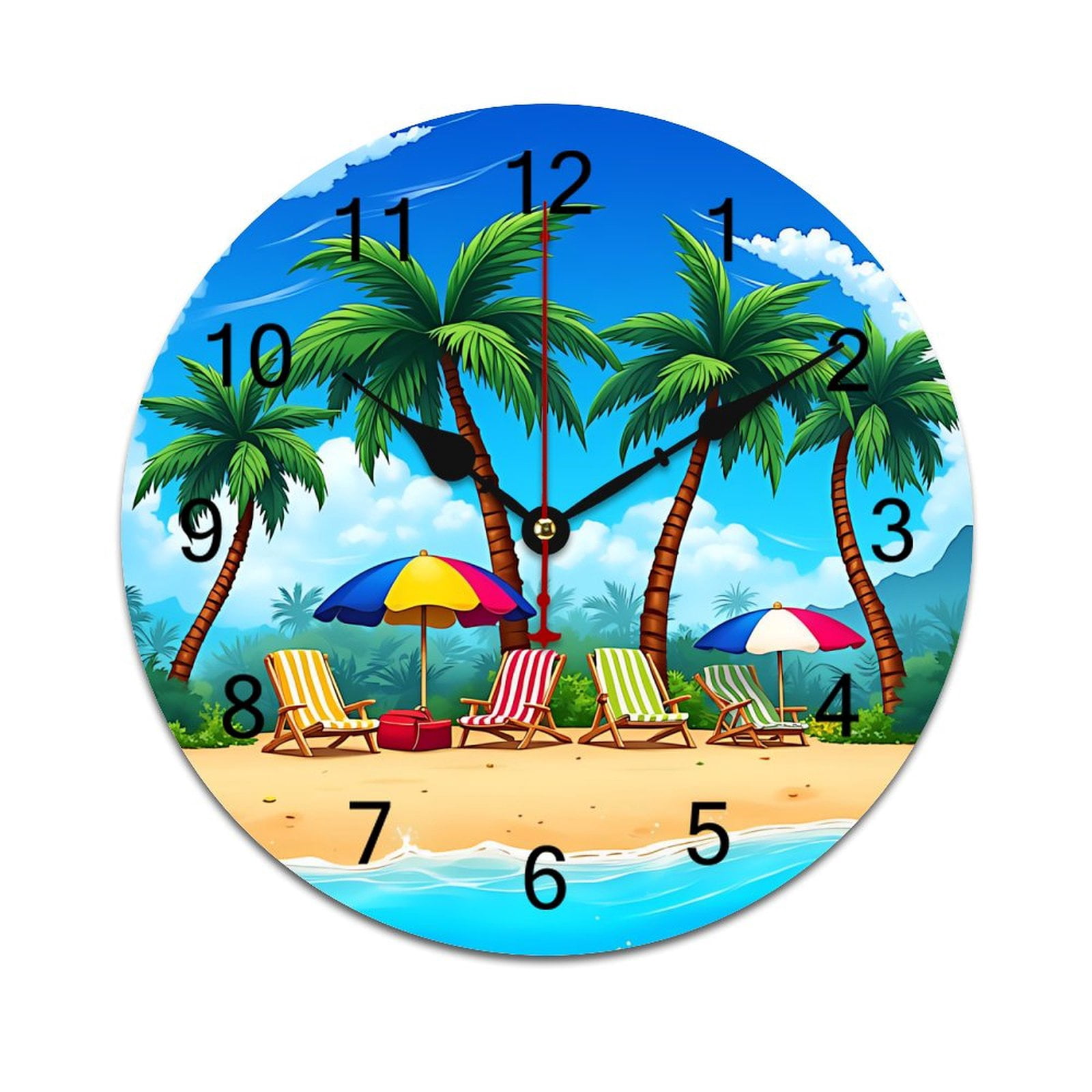 Palm Trees, Beach Chairs Umbrellas Word Saying Big Wall Clock Home ...