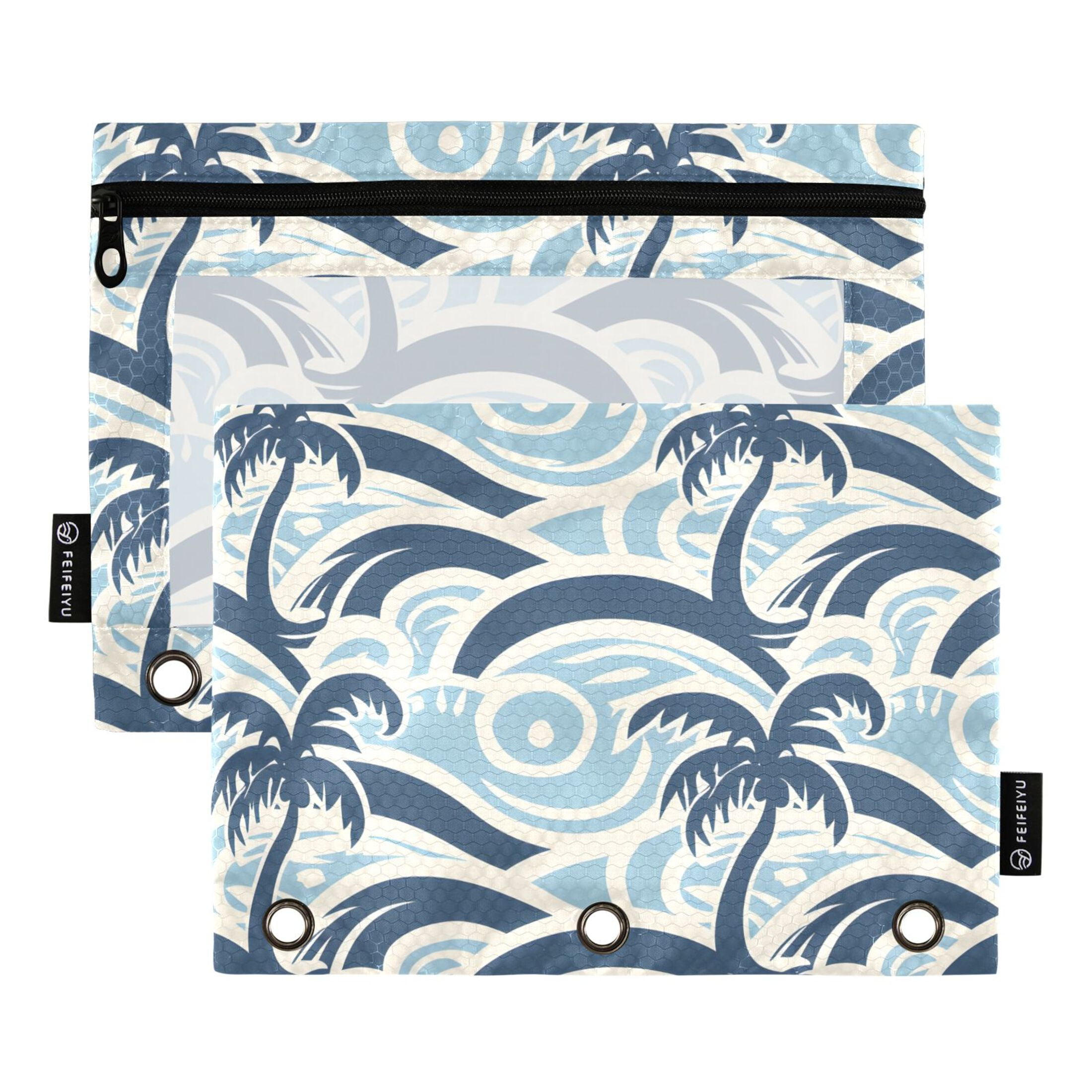 Palm Trees Blue Waves Binder Pouches Zipper Pocket Document Storage 3 ...