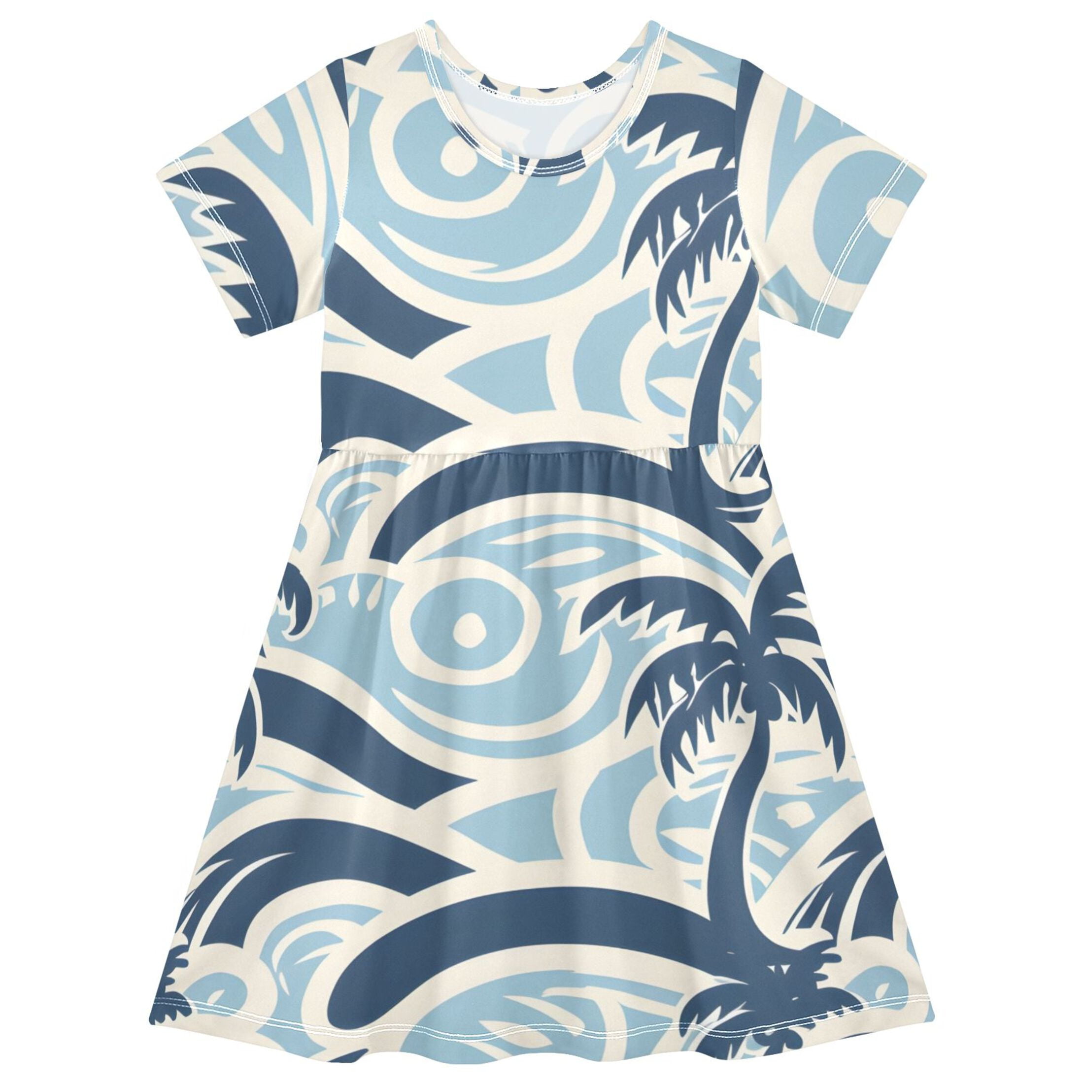 Palm Trees Blue Wavy Girls' Short Sleeve Dress A-Line One-Piece Dress ...