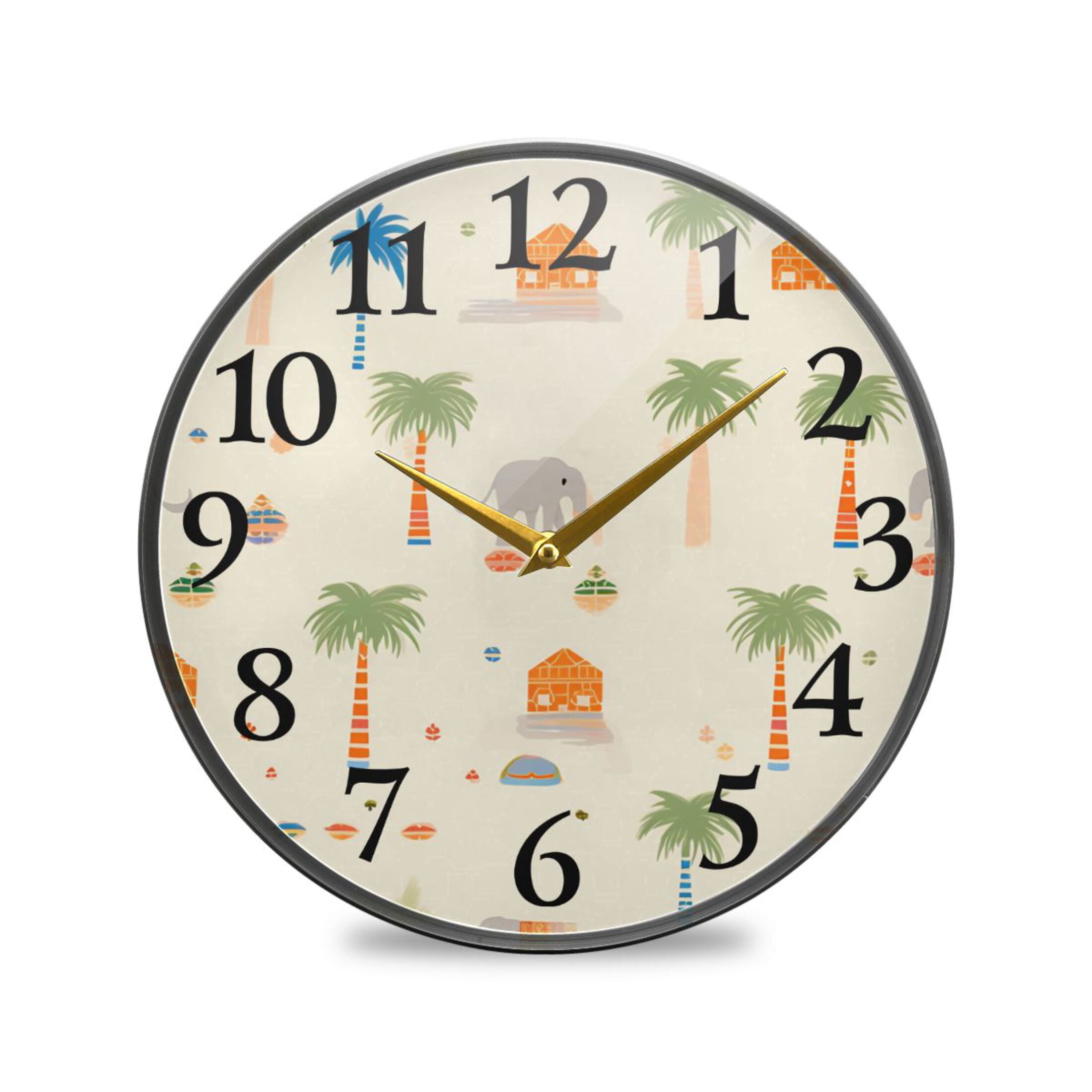 Palm Trees Elephants Wall Clocks Battery Operated 11.9 Inch Round Clock ...