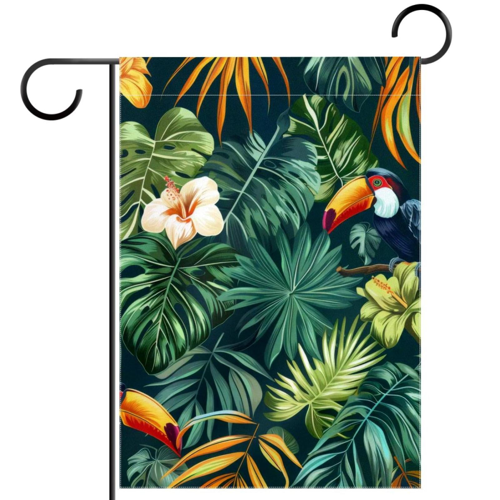 Palm Trees Jungle Leaves Exotic Birds Garden Flag Double Sided House ...