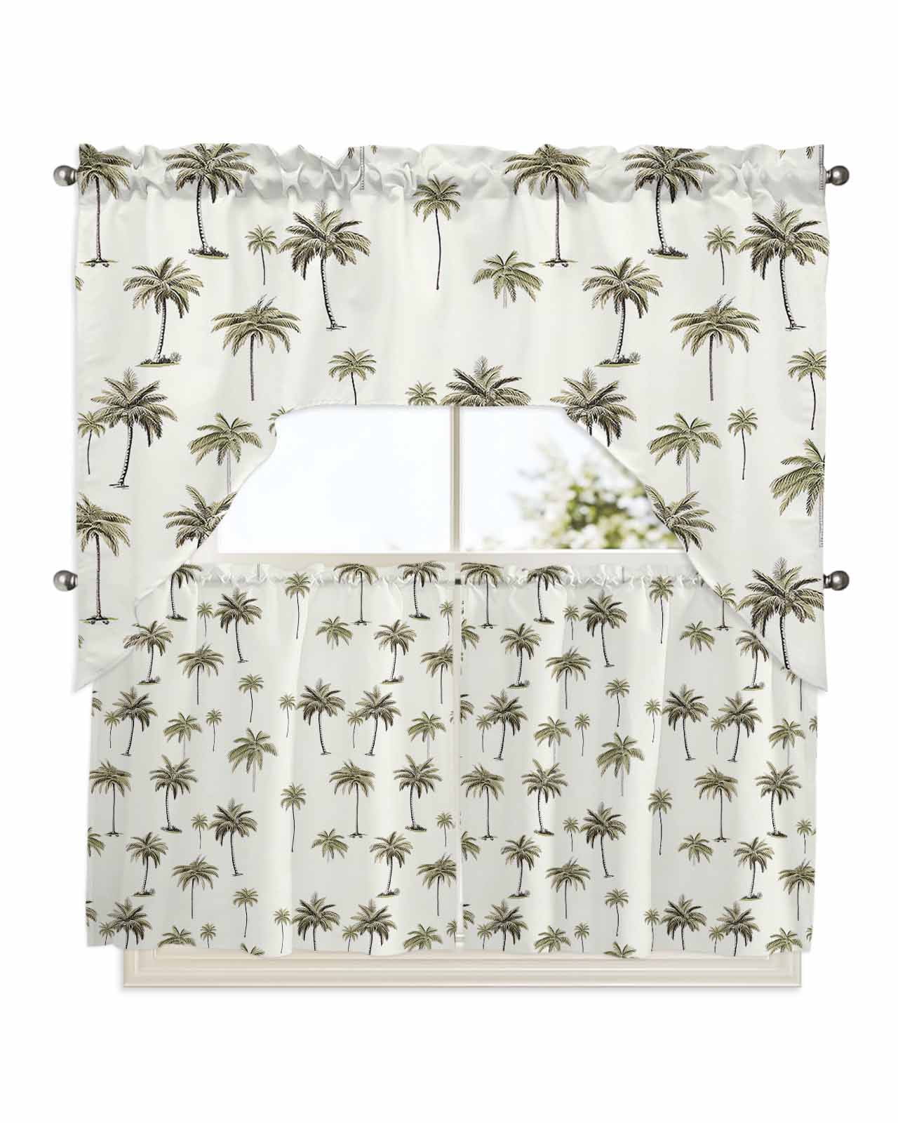 Palm Trees Swag Valance and Tier Curtains 24'' Length Set, Green ...