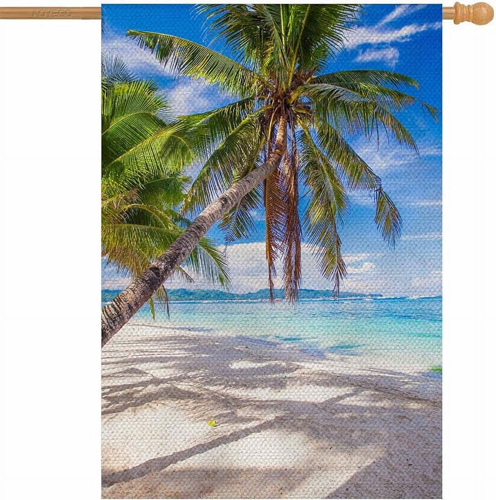 Palm Trees on Tropical Beach House Flag Vertical Double Sided Burlap ...